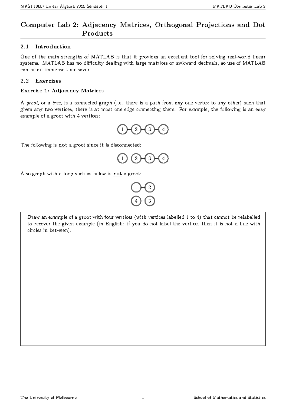 Linear Algebra 2025 S1 MATLAB Lab 2: Adjacency Matrices & Projections - Studocu