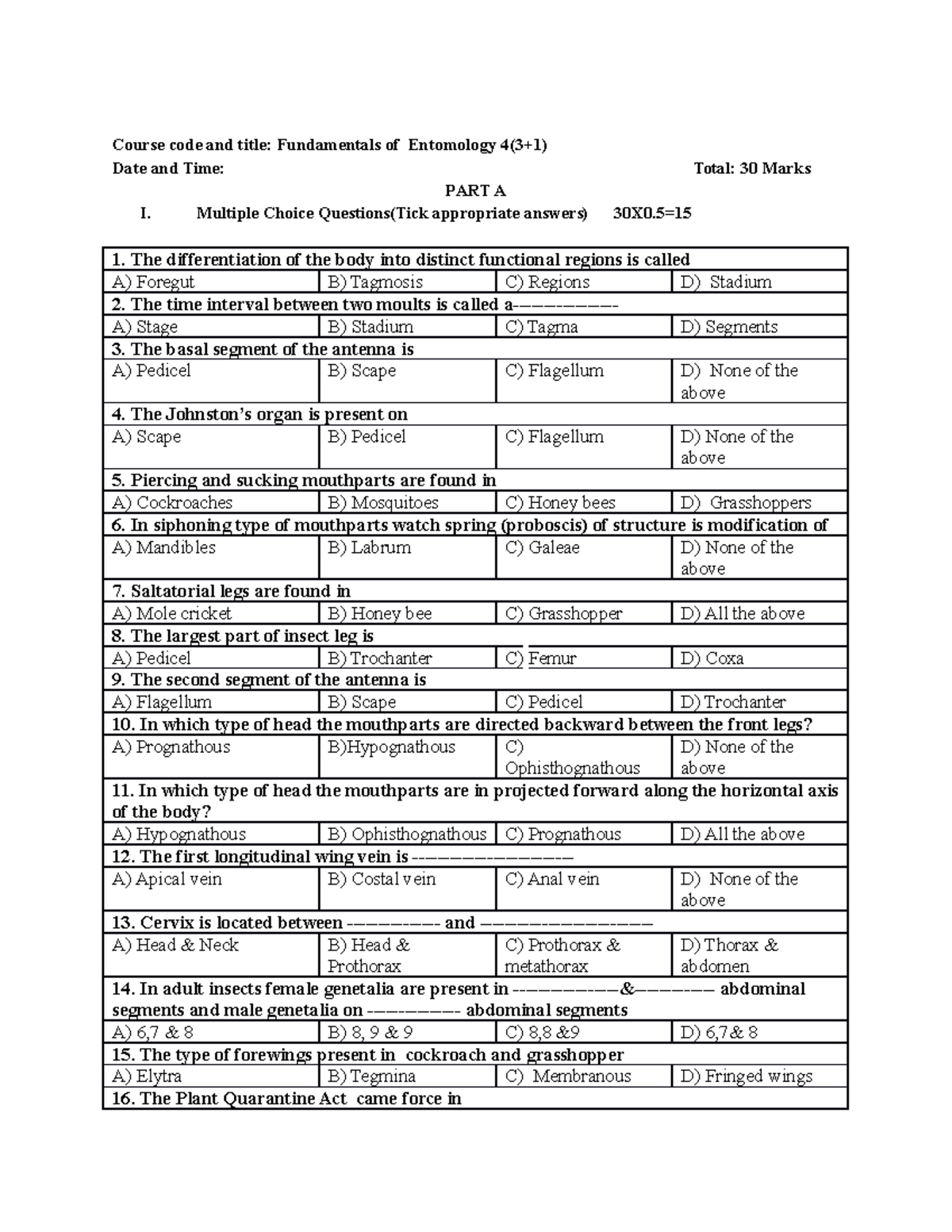 Fundamentals of Entomology 4(3+1): MCQ Exam Preparation Guide - Studocu