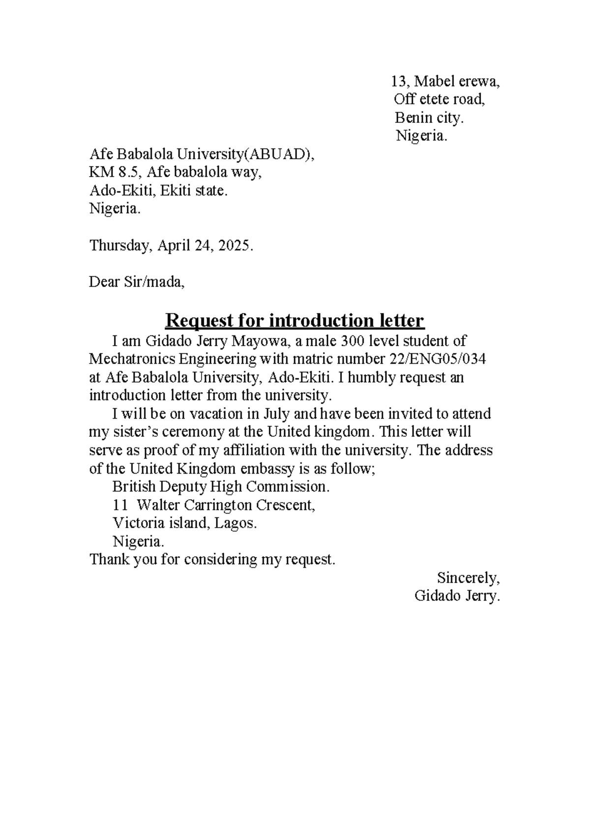 Request for Introduction Letter - ABUAD Mechatronics Engineering - Studocu