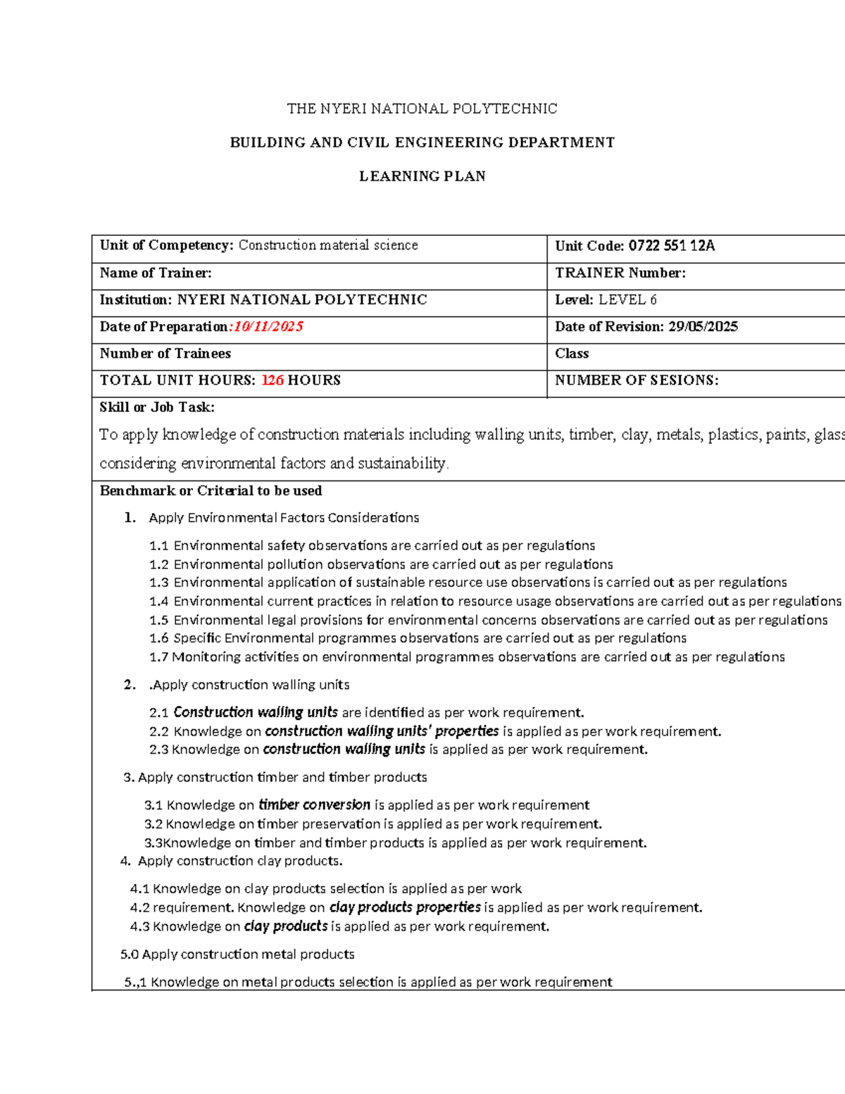 Construction Material Science Learning Plan CVE6 0722 551 12A - Studocu