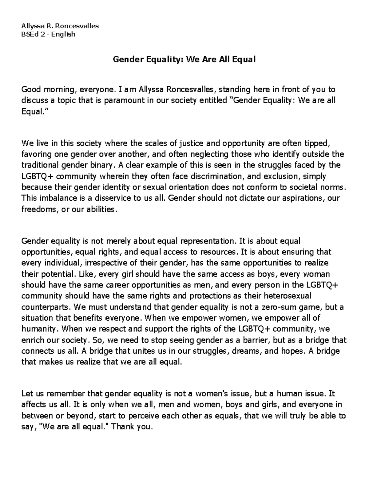 Gender-Equality - ESSAY - Allyssa R. Roncesvalles BSEd 2 - English ...