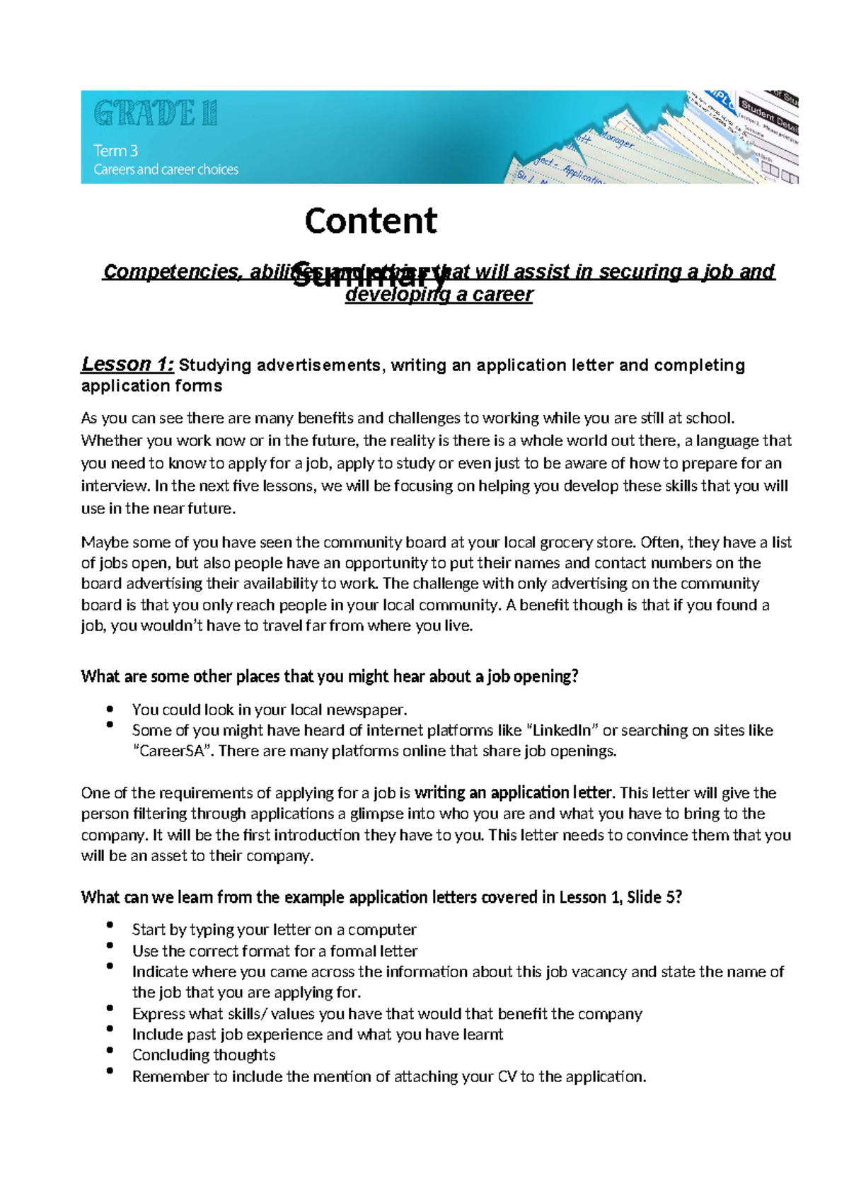 Careers Skills Development: Lesson Overview for Term 3 (CT3) - Studocu