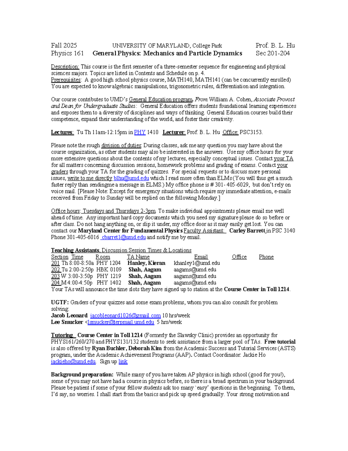 PHYS 161 Fall 2025 Syllabus: Mechanics & Particle Dynamics - Studocu