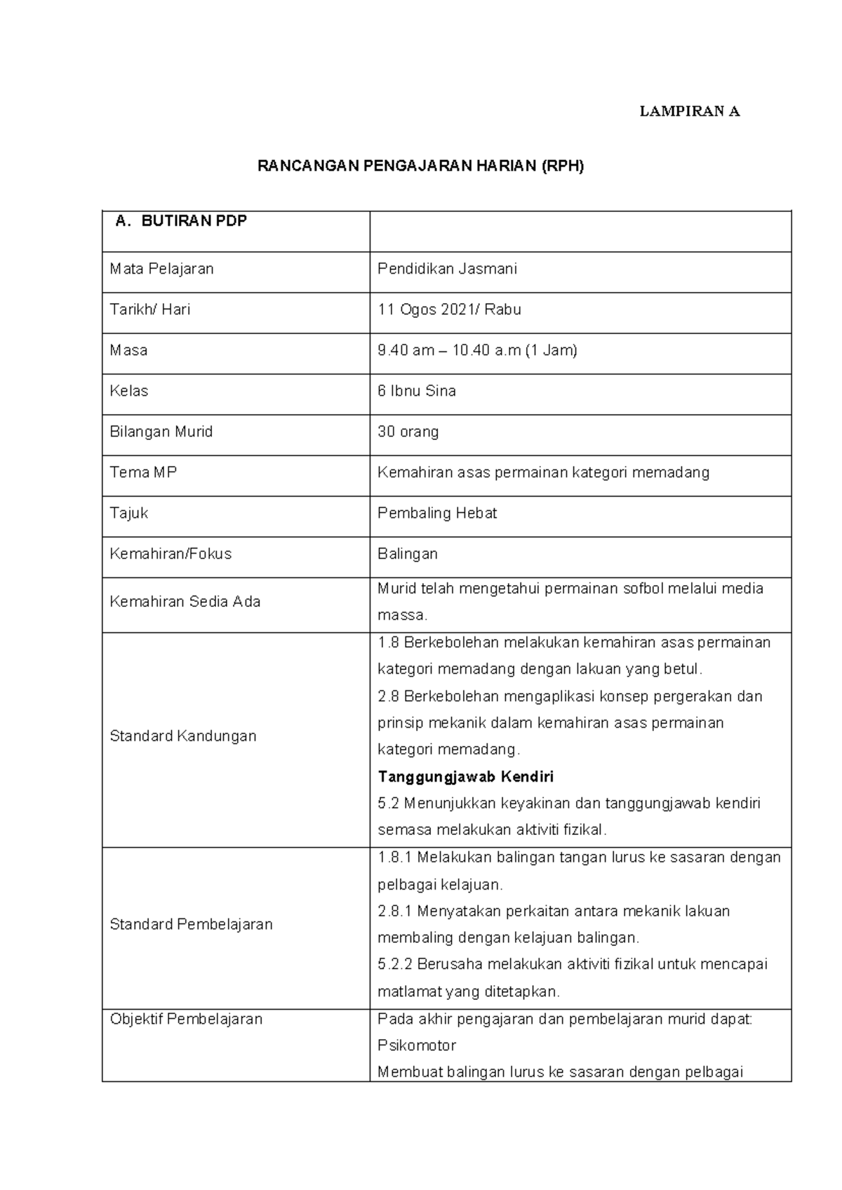 RPH PJ M3 - Rancangan Pengajaran Harian: Kemahiran Balingan Sofbol - Studocu
