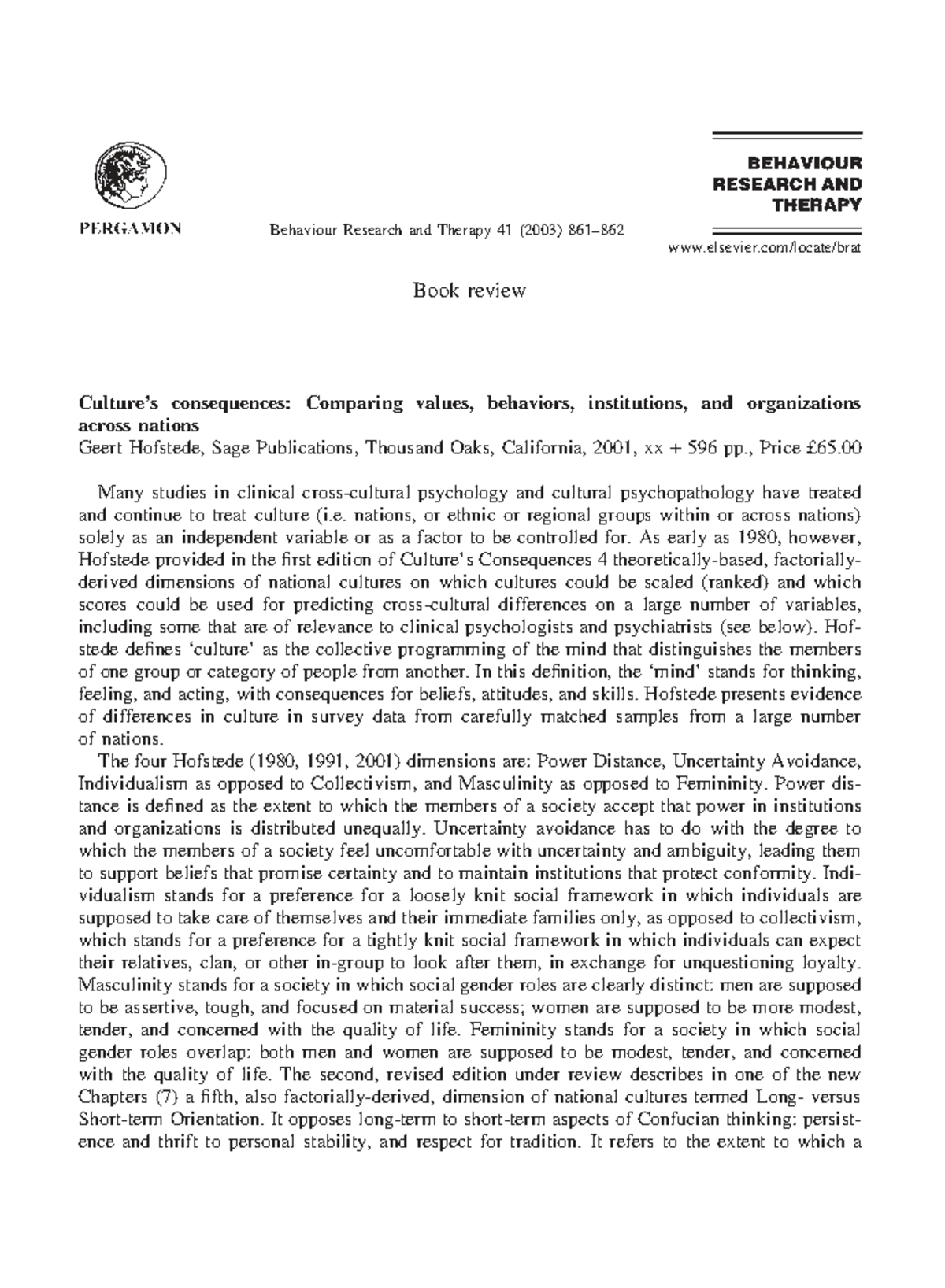 Book Review: Hofstede's Cultural Dimensions in Clinical Psychology ...