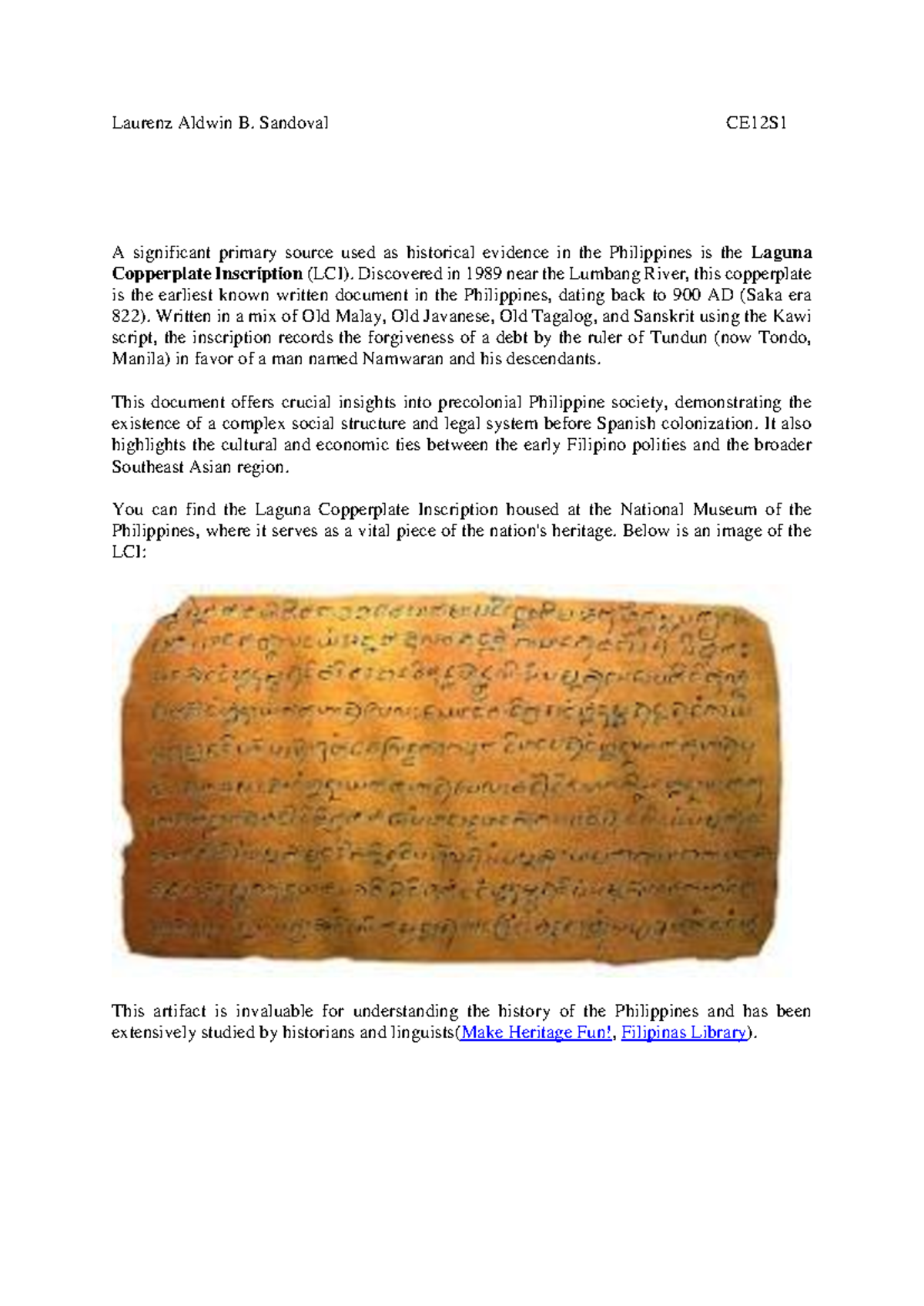 RPH CE12S Assignment 1: Insights on the Laguna Copperplate Inscription ...