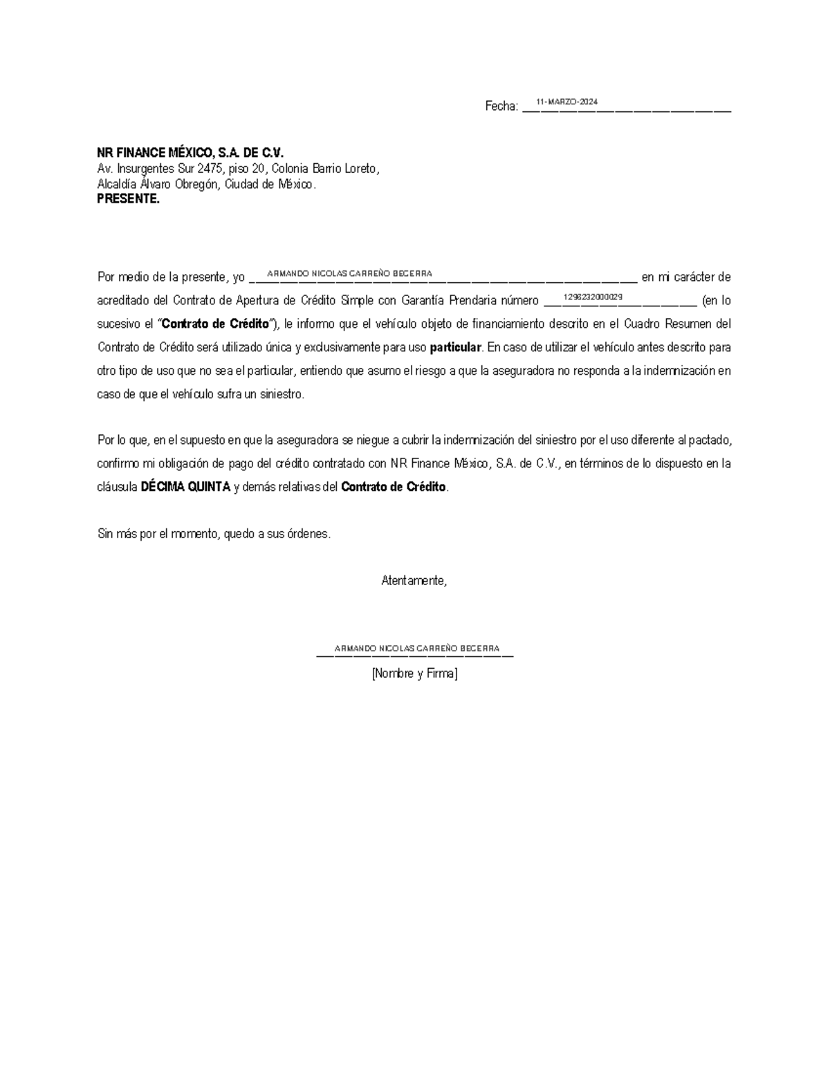 Carta DE USO DE Unidad - Fecha: __________________________________ NR ...