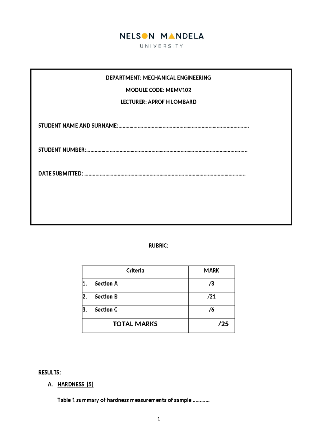 MEMV102 Mechanical Engineering: Tensile Data Results Analysis - Studocu