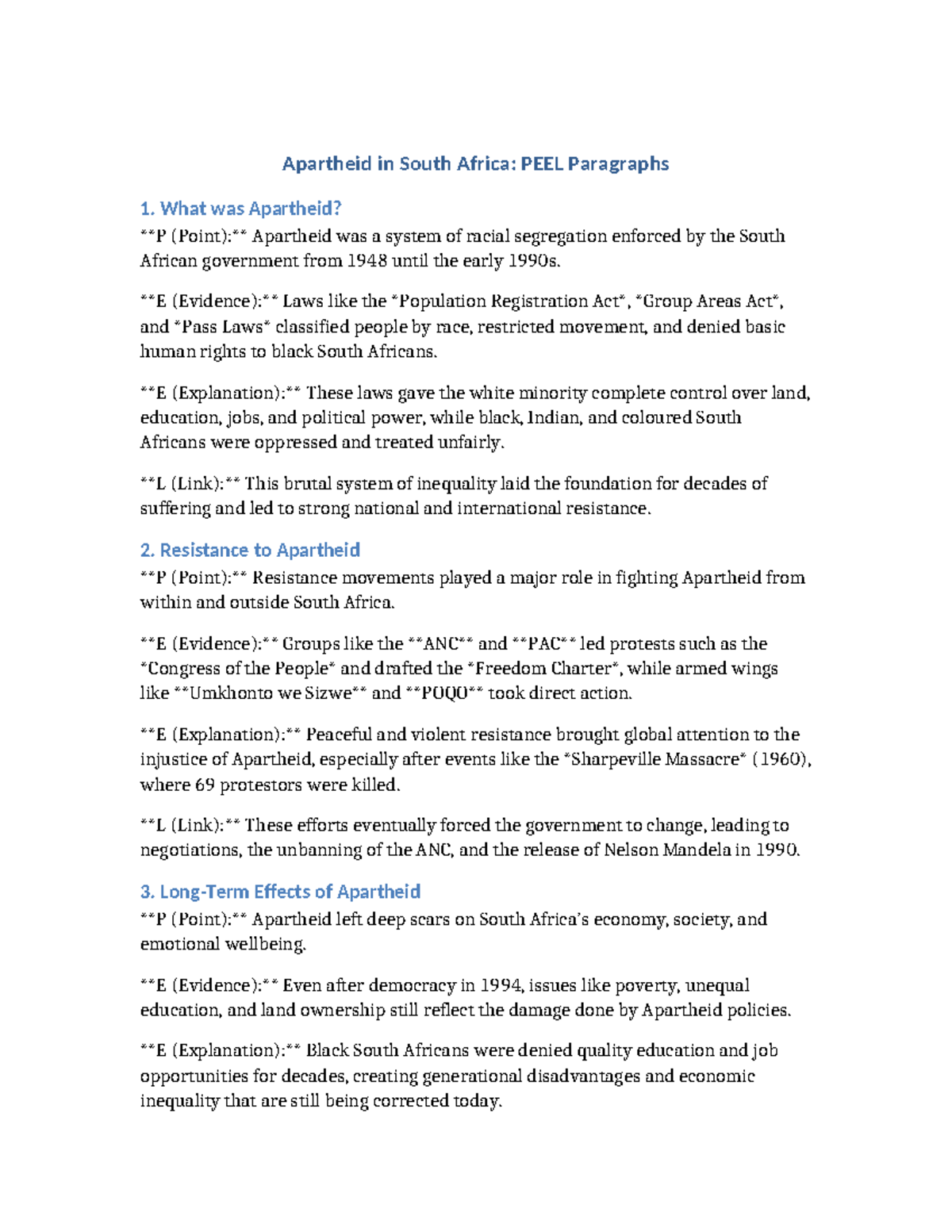 Apartheid in South Africa: PEEL Paragraphs Analysis - Studocu