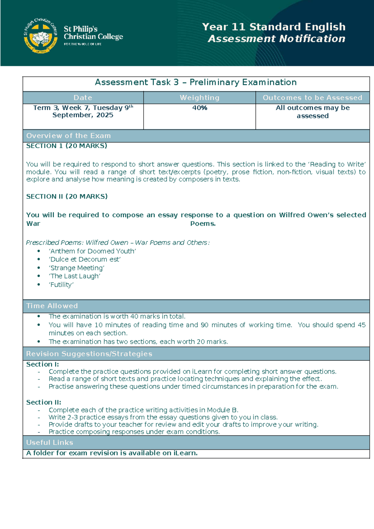2025 Yr 11 Std English Assessment Task 3 Exam Notification - Studocu