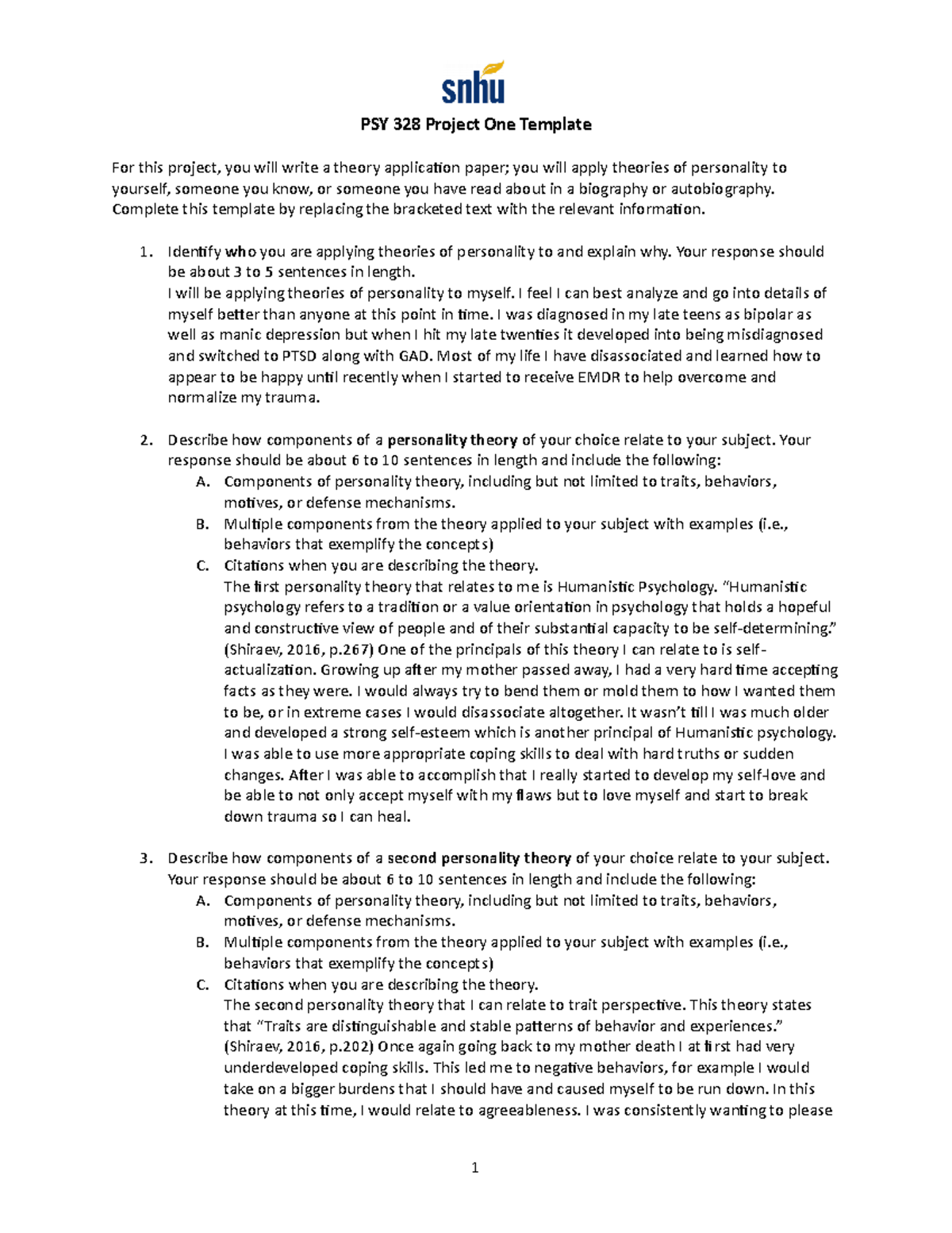 PSY 328 Project One Template - PSY 328 Project One Template For this ...