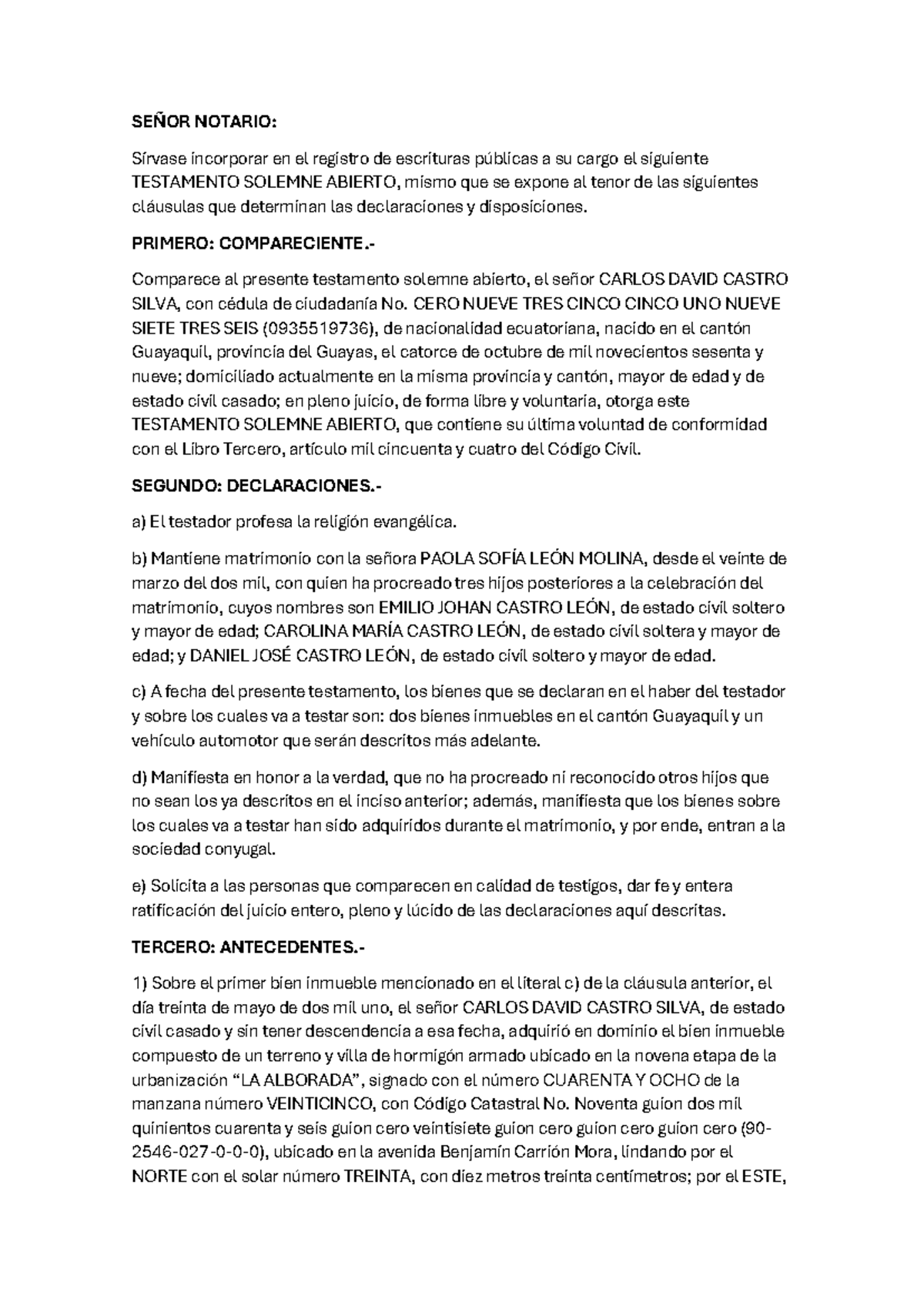 Testamento Abierto de Carlos David Castro Silva - Acto Notarial - Studocu