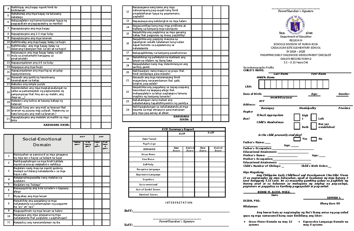 Philippine Early Childhood Development Checklist (Form 2) 2024-2025 ...
