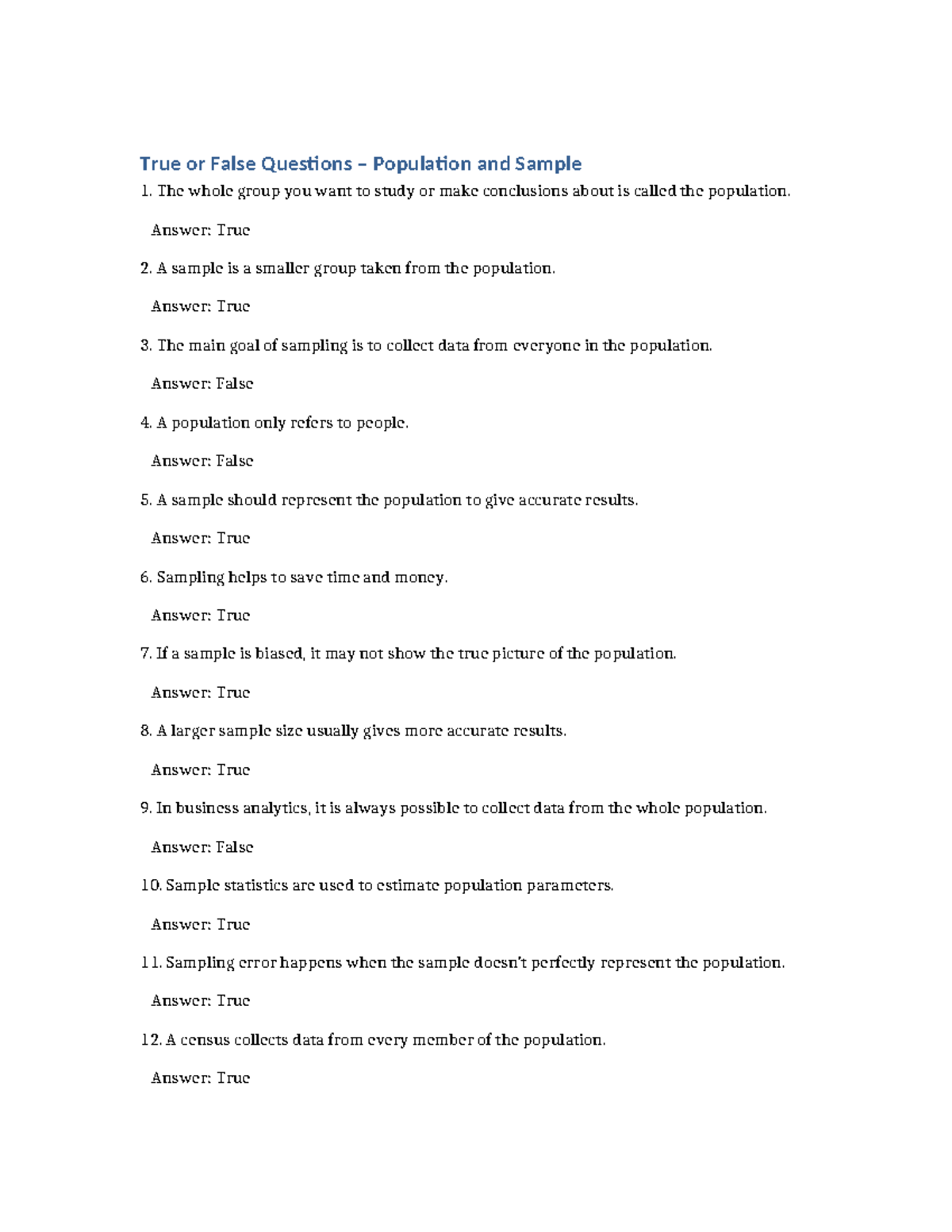 True or False Questions on Population and Sample Concepts - Studocu