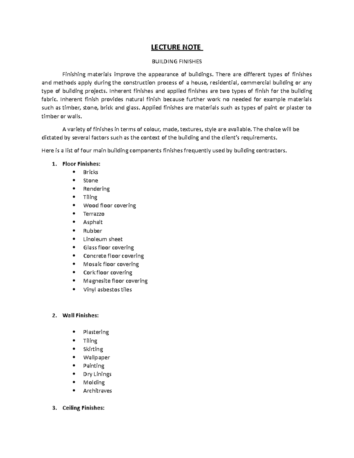 Lecture Note: Building Finishes and Their Applications - Studocu