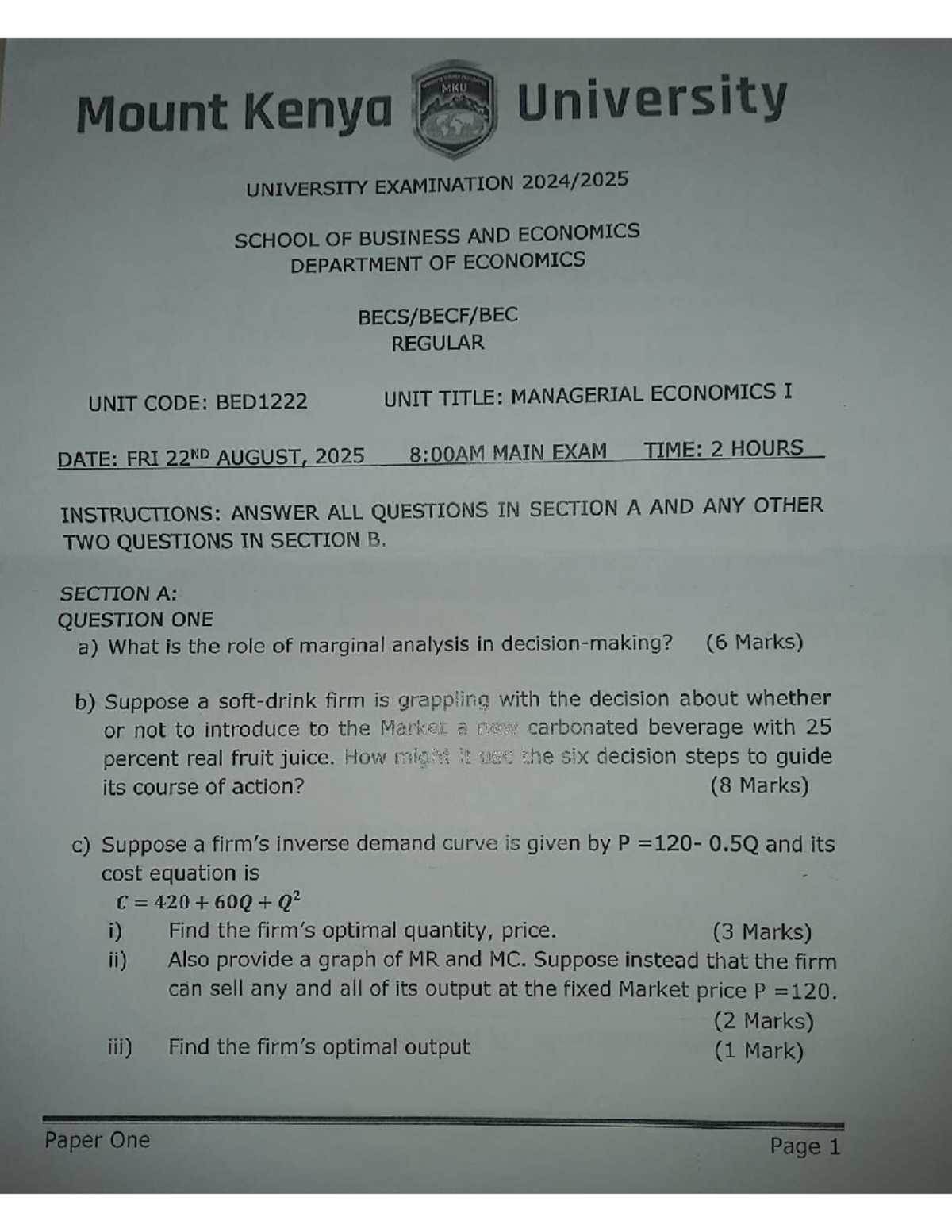 Managerial Economics I - MKU Final Exam Paper Analysis - Studocu