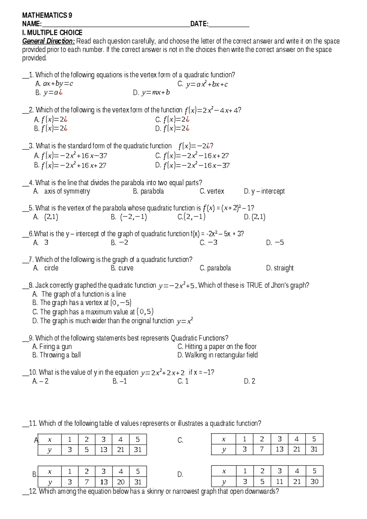 Mathematics 9 Review: Multiple Choice Questions on Quadratic Functions ...
