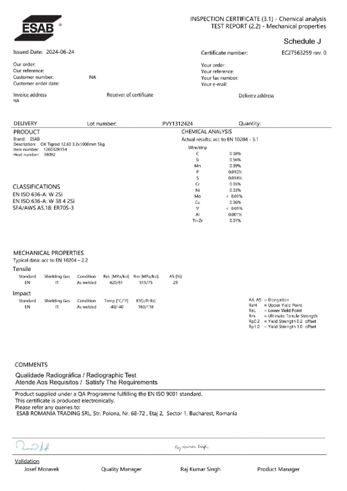 Inspection Certificate EC27563259: Chemical & Mechanical Analysis - Studocu
