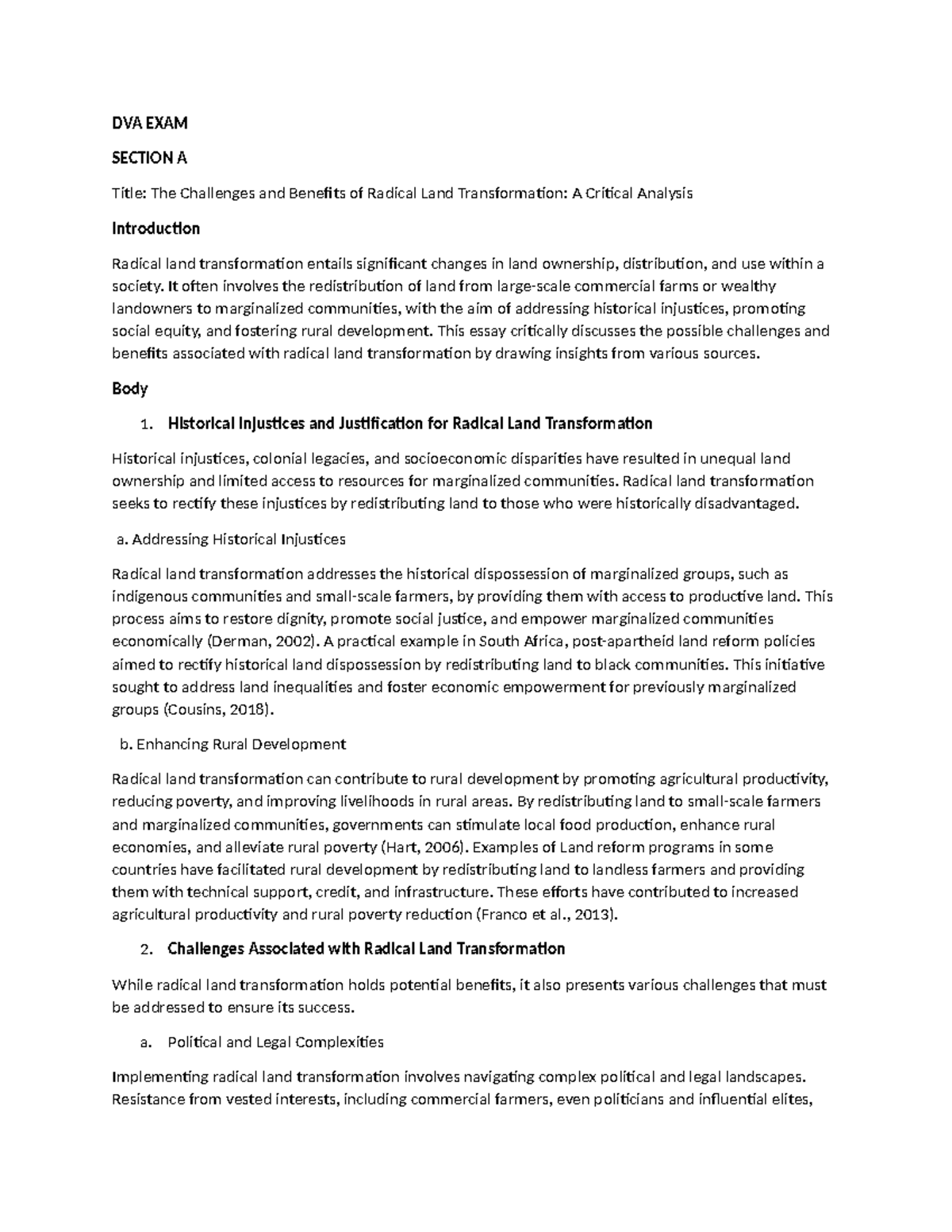 DVA EXAM - Notes on Radical Land Transformation Challenges & Benefits ...