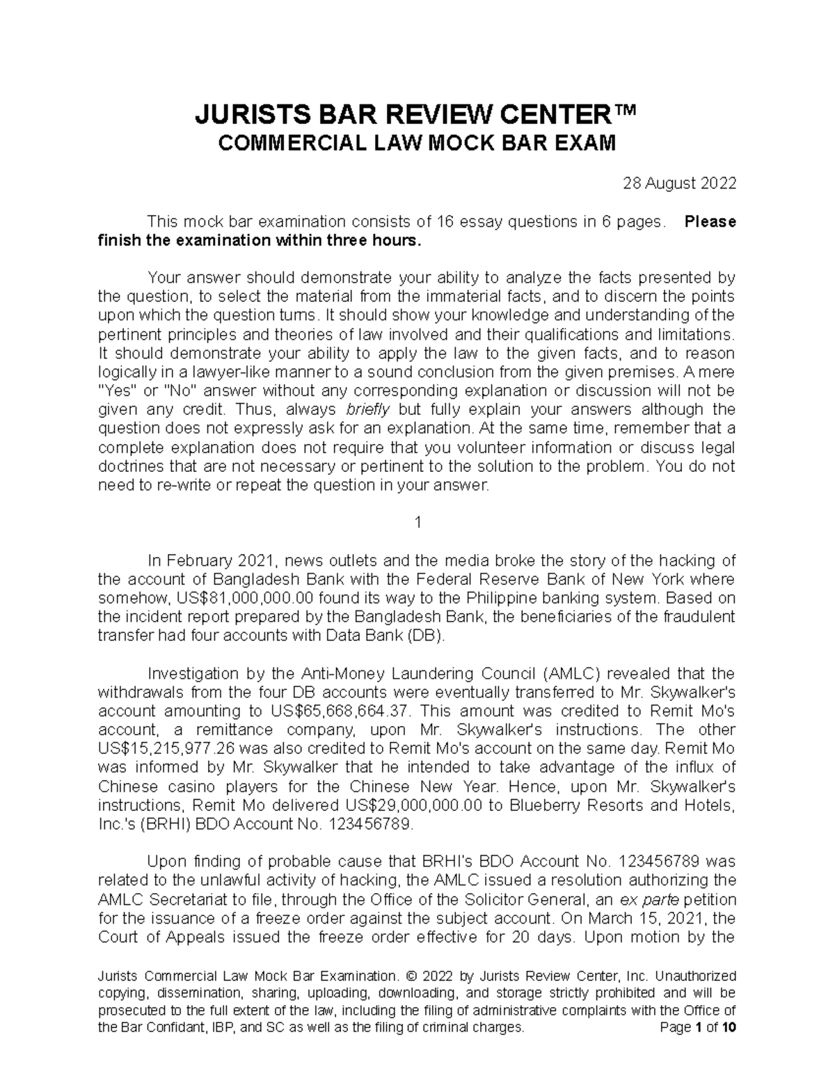 Commercial Law MOCK BAR Exam Review - Mamaril, Kharvin - Studocu