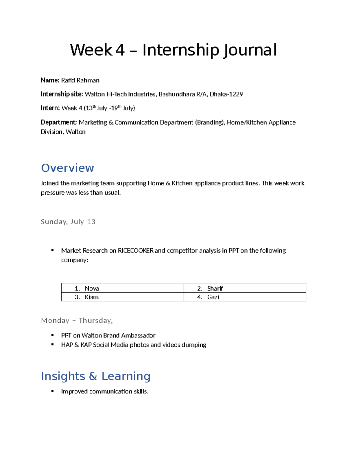 Week 4 Internship Journal - Marketing Comm. at Walton Industries - Studocu