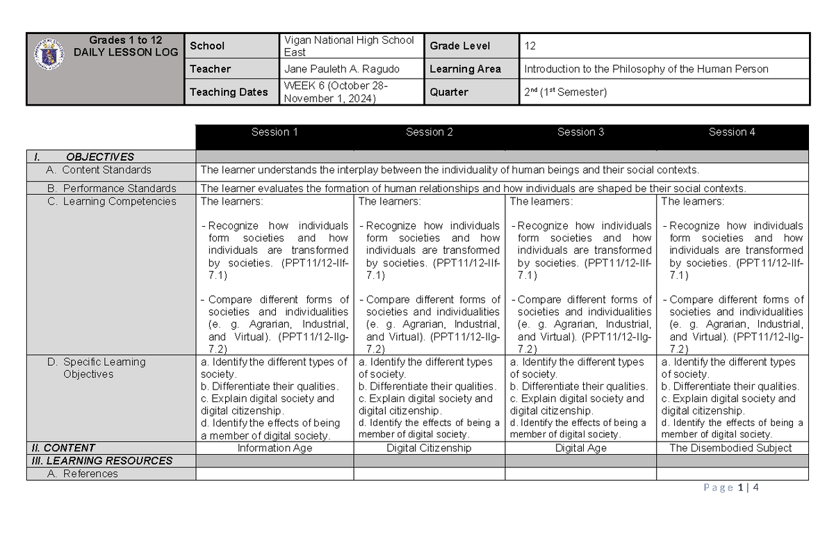 DLL-Philo Week 6 Lesson Log: Introduction to Philosophy of the Human ...