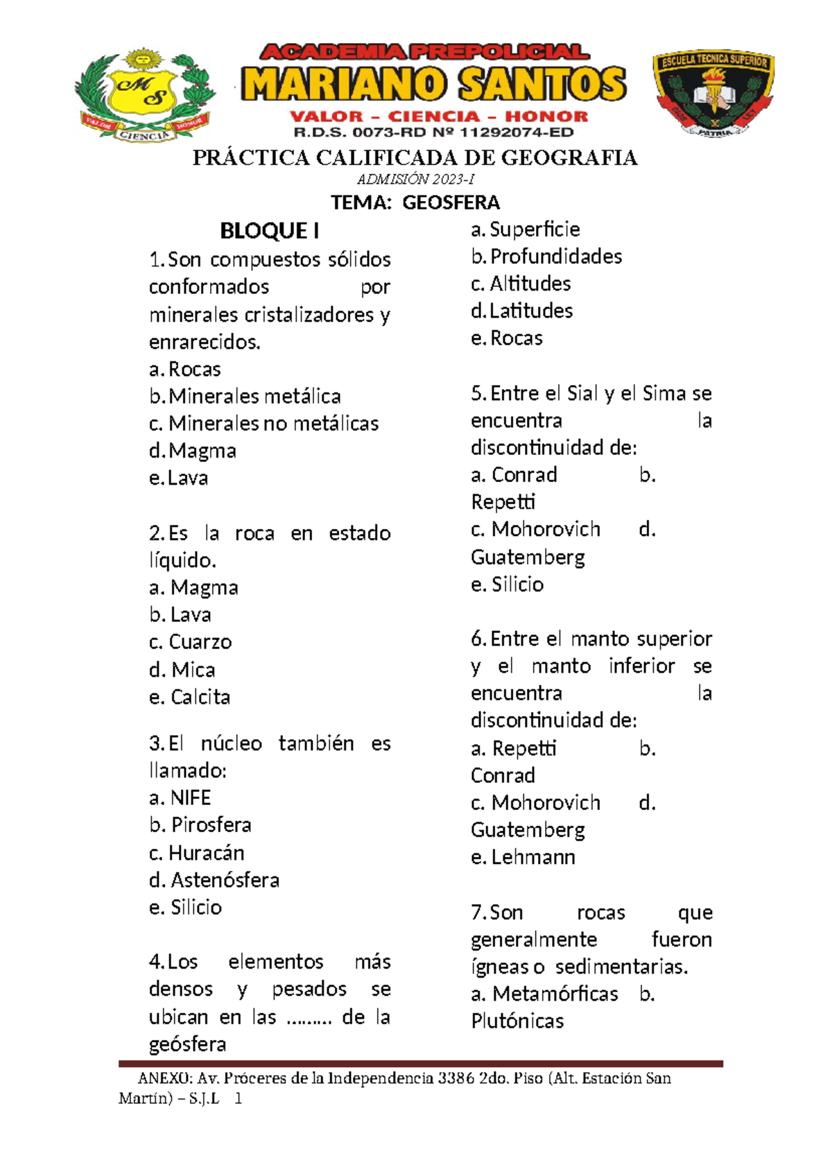 PRÁCTICA CALIFICADA DE GEOGRAFÍA 1: GEOSFERA Y PROCESOS TERRESTRES ...