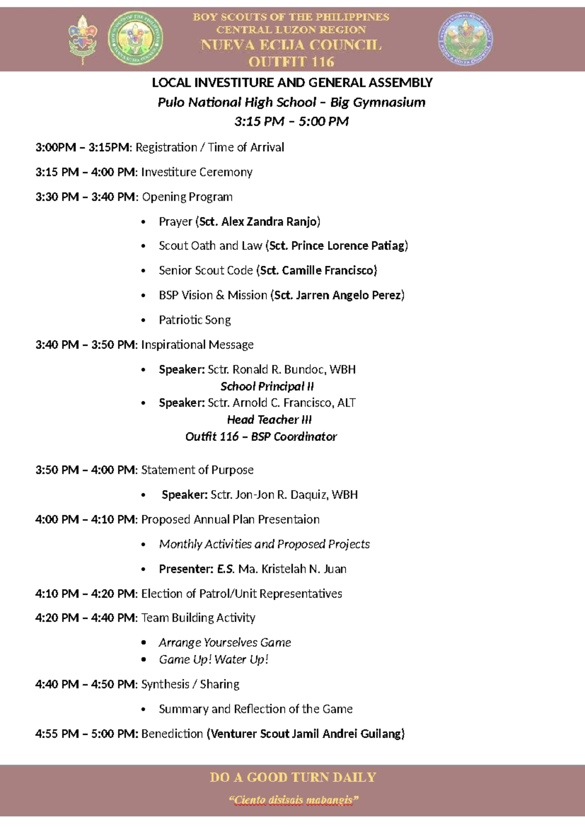 Outfit 116 - Local Investiture & General Assembly Program Flow - Studocu