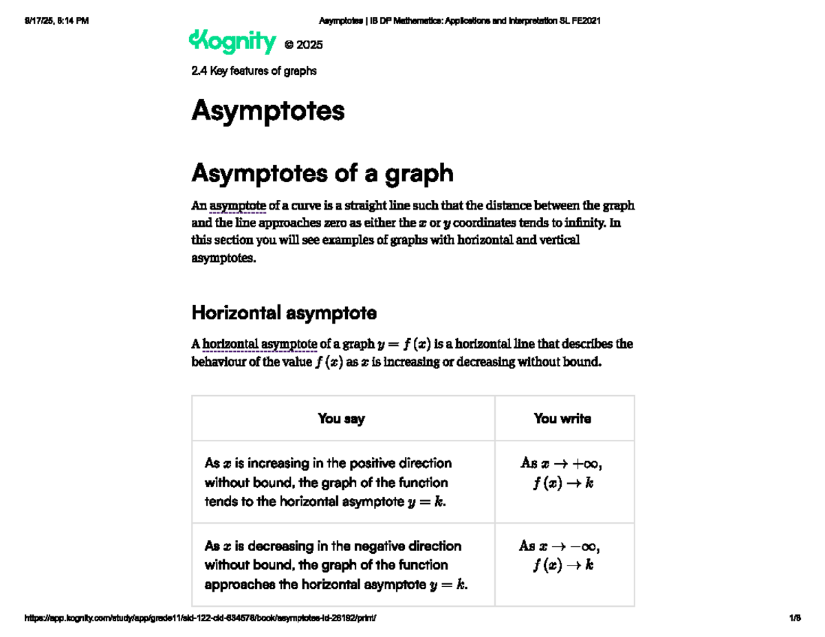 Asymptotes in IB DP Math: Applications & Interpretation SL FE2021 - Studocu
