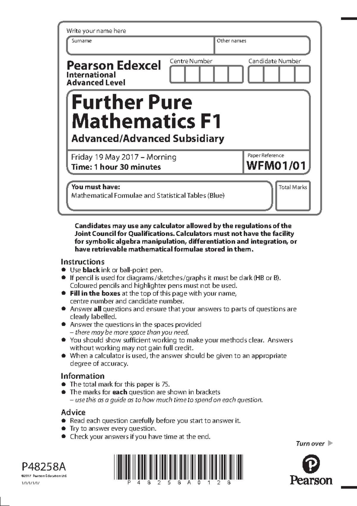 June 2017 IAL Further Pure Mathematics F1 Exam Paper - Studocu