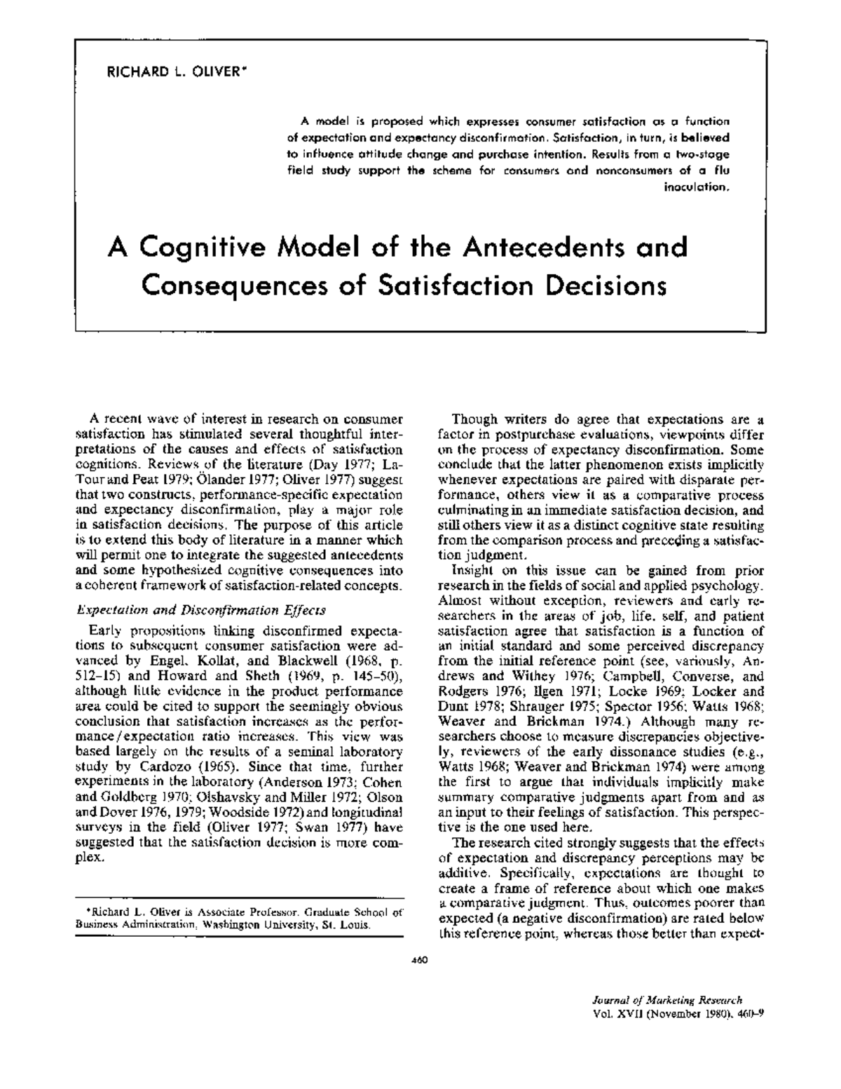 A Cognitive Model of Satisfaction Decisions: Insights from Oliver (1980 ...