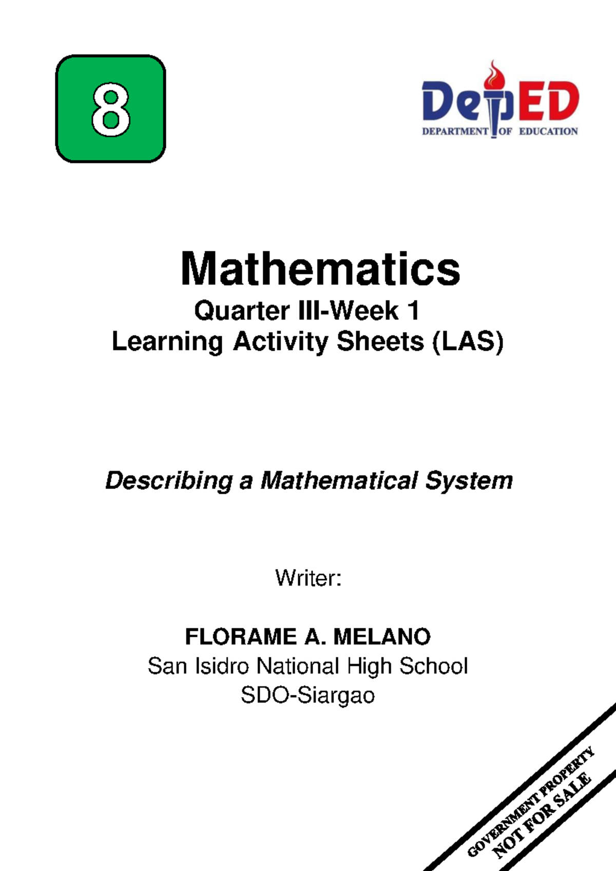 Grade 8 Math LAS: Understanding Mathematical Systems (Q3 Wk 1) - Studocu