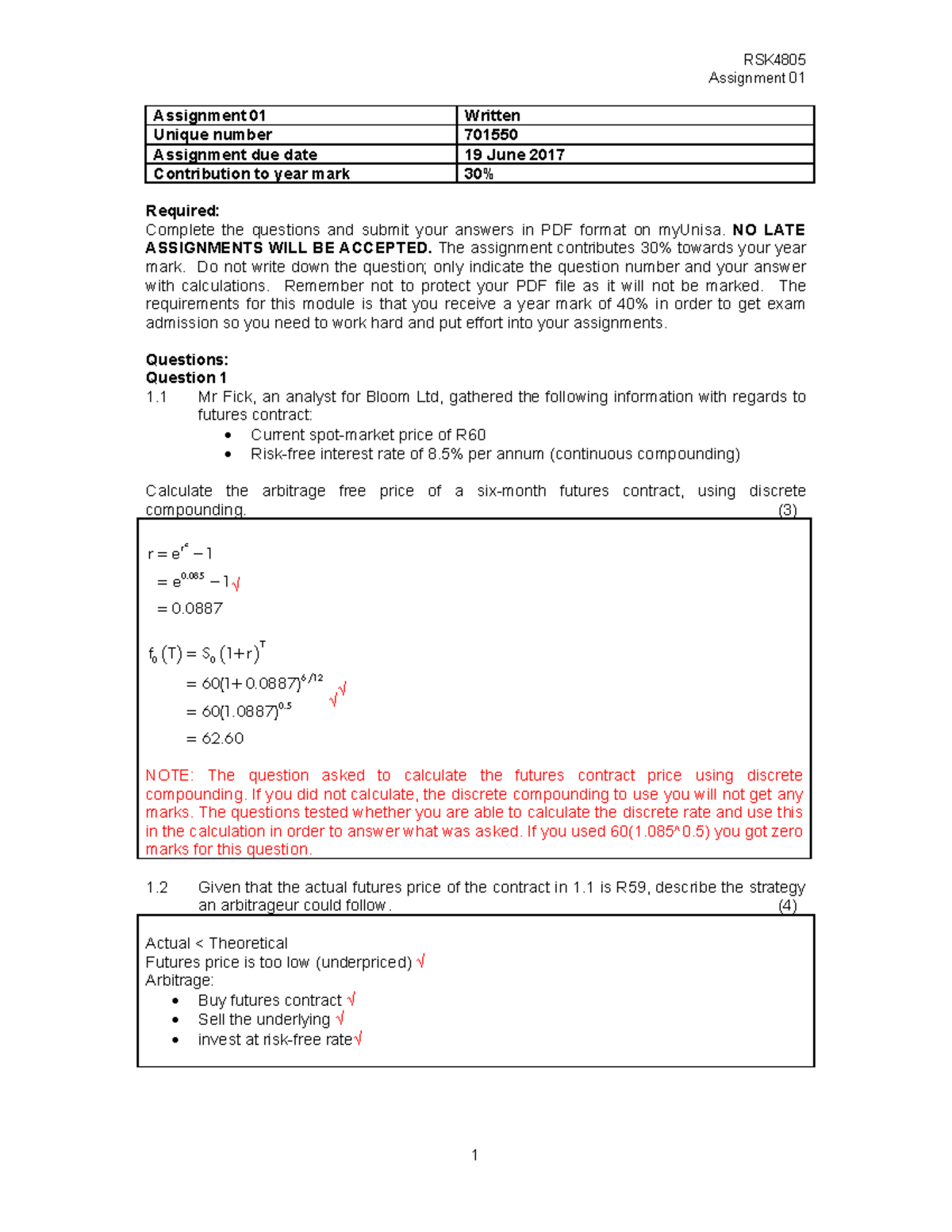 RSK4805 Assignment+01 Answers - Assignment 01 Assignment 01 Written Unique number 701550 ...
