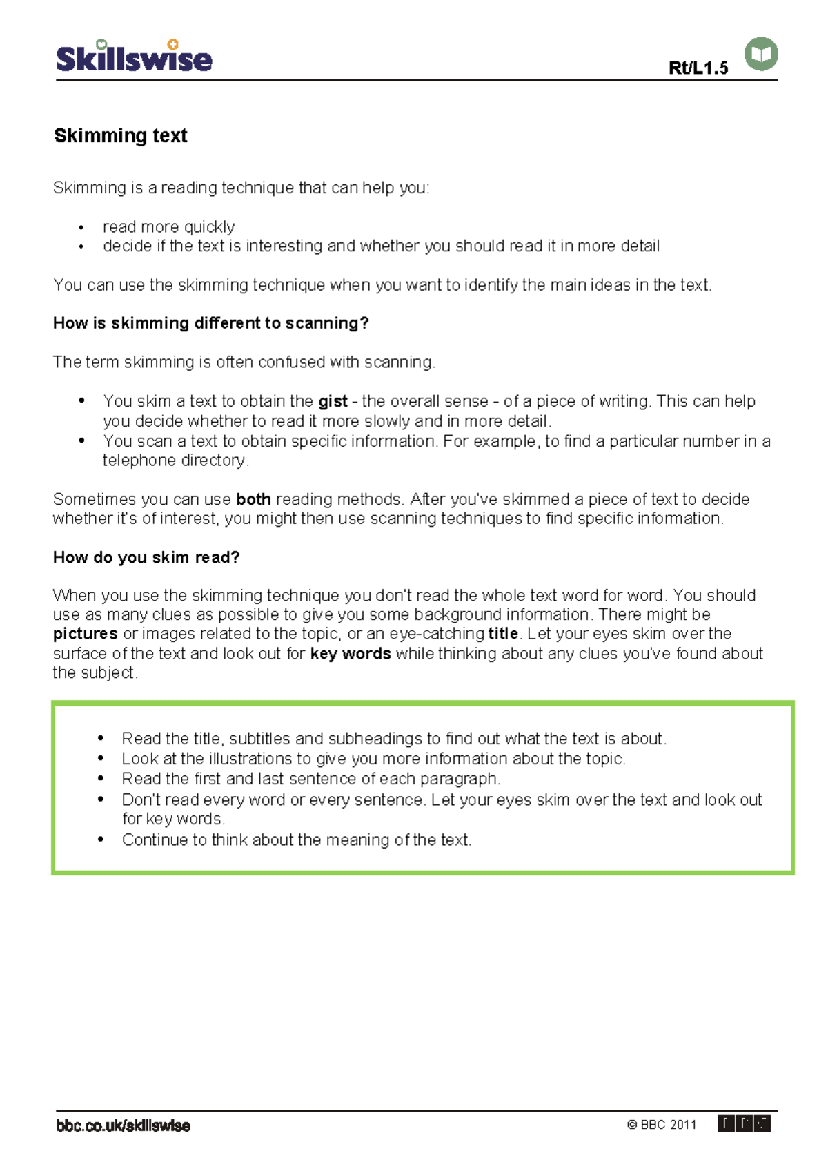Understanding Skimming: A Reading Technique Guide - Studocu