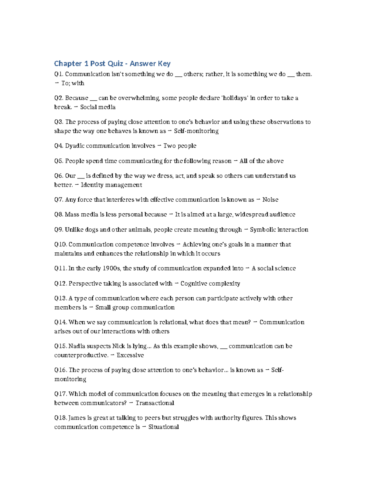 CHPT 1 Post Quiz Answer Key: Communication Concepts - Studocu