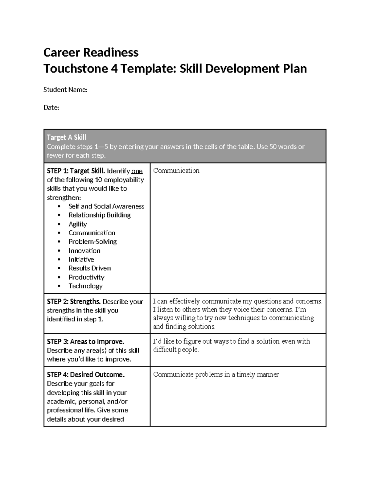 Career Readiness Touchstone 4: Skill Development Plan Template - Studocu