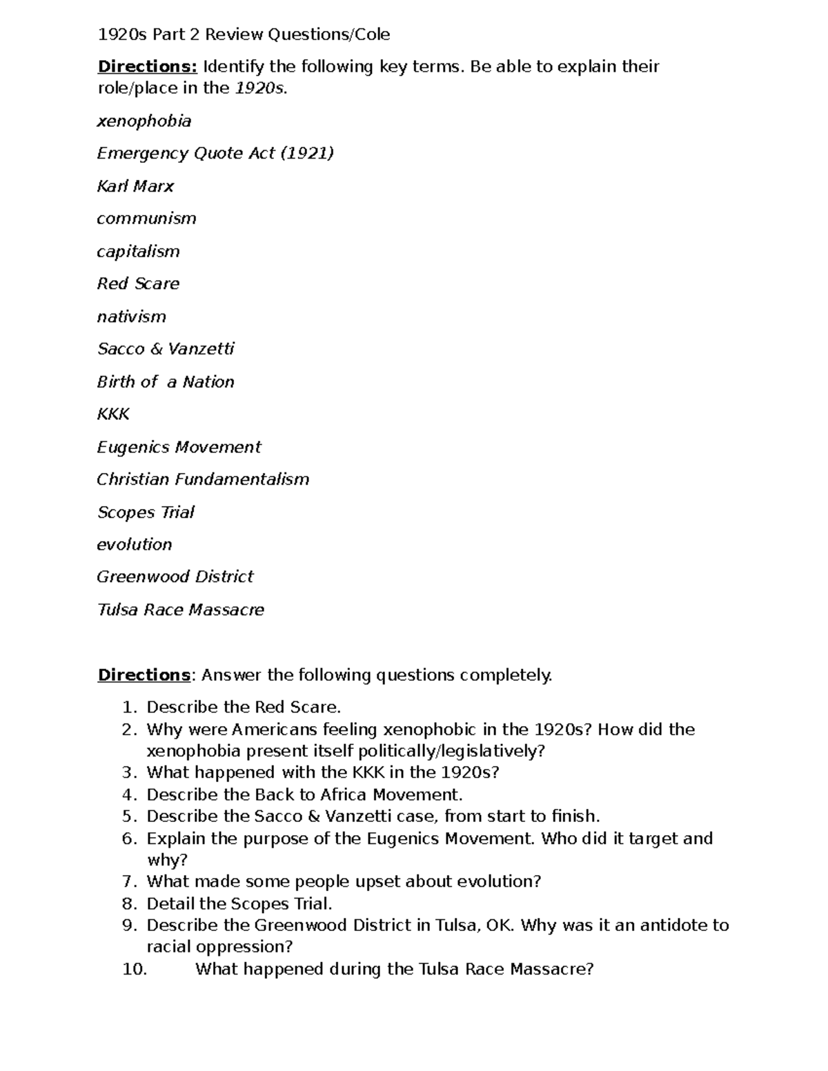 1920s Historical Review: Key Terms & Events Analysis - Studocu