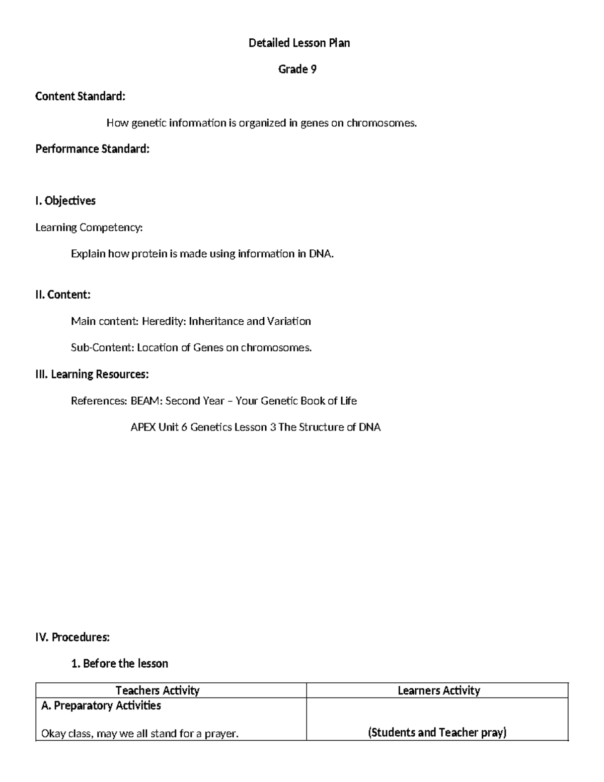 Grade 9 Detailed Lesson Plan: Chromosomes & Genetic Info (Finals) - Studocu