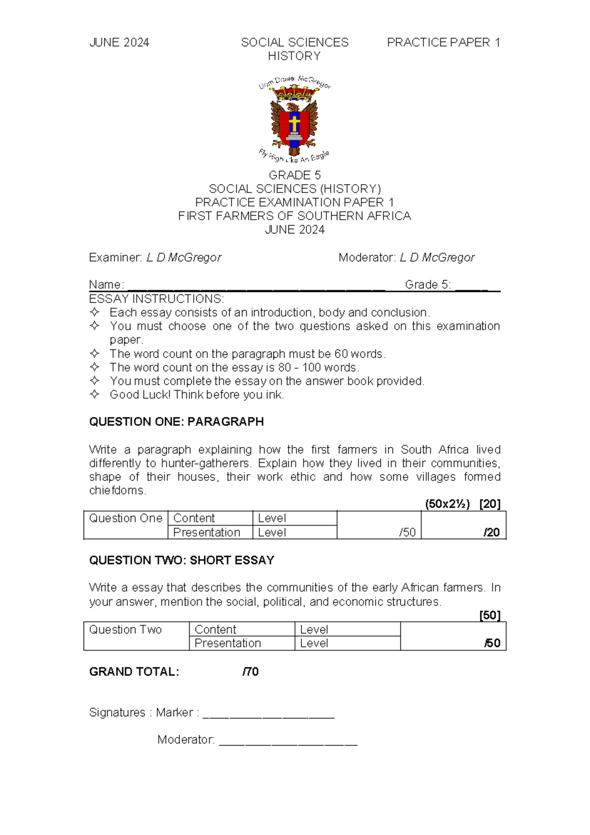 Gr5 Hist P1 - SBT - JUNE 2024 SOCIAL SCIENCES PRACTICE PAPER 1 HISTORY GRADE 5 SOCIAL SCIENCES ...