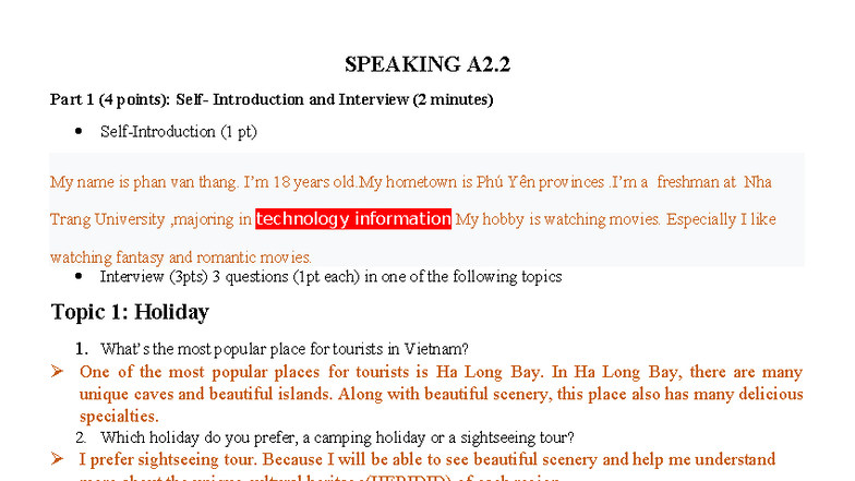 Speaking A2.2 - Part 1: Introduction & Interview Insights - Studocu