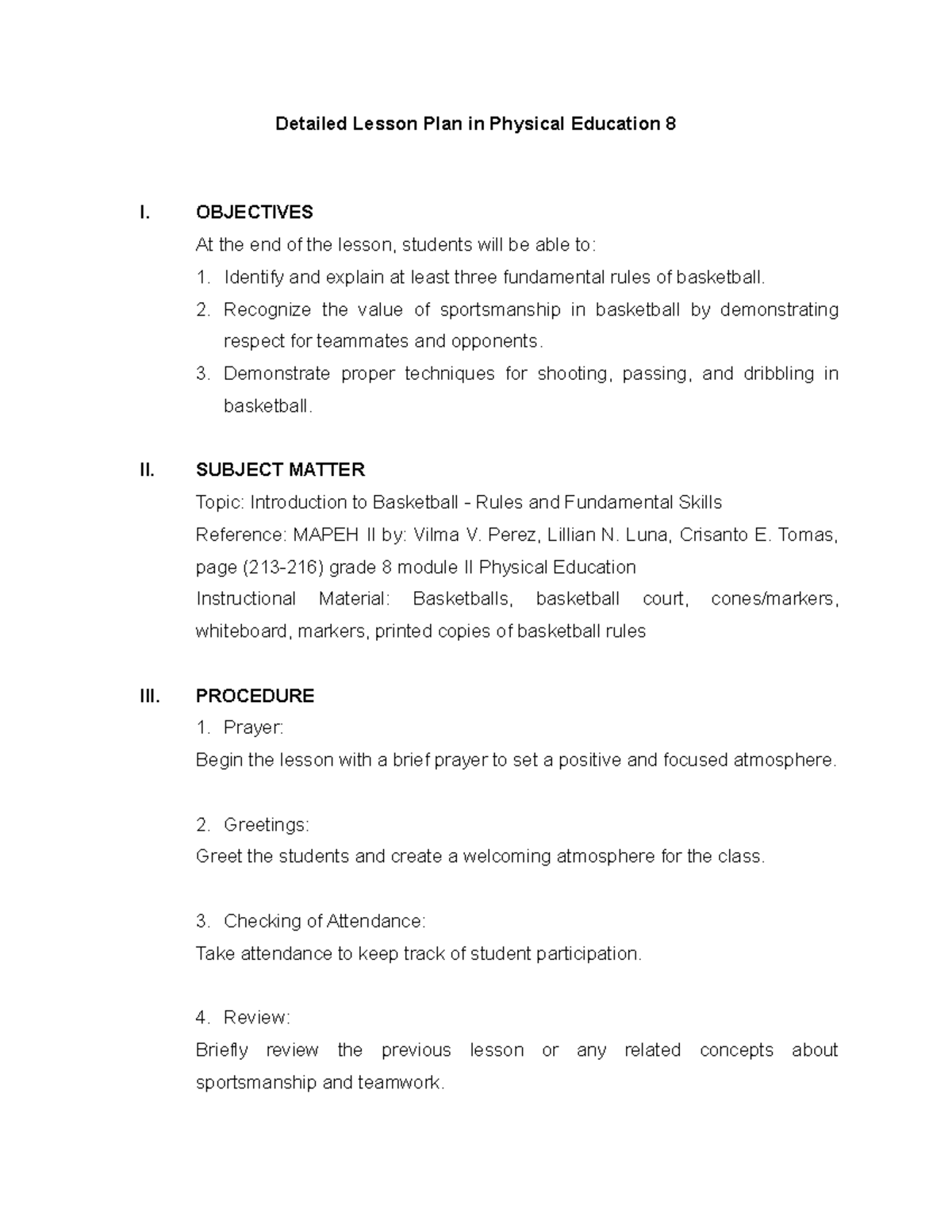 Detailed Lesson Plan: Basketball Rules & Skills - PE 8 - Studocu