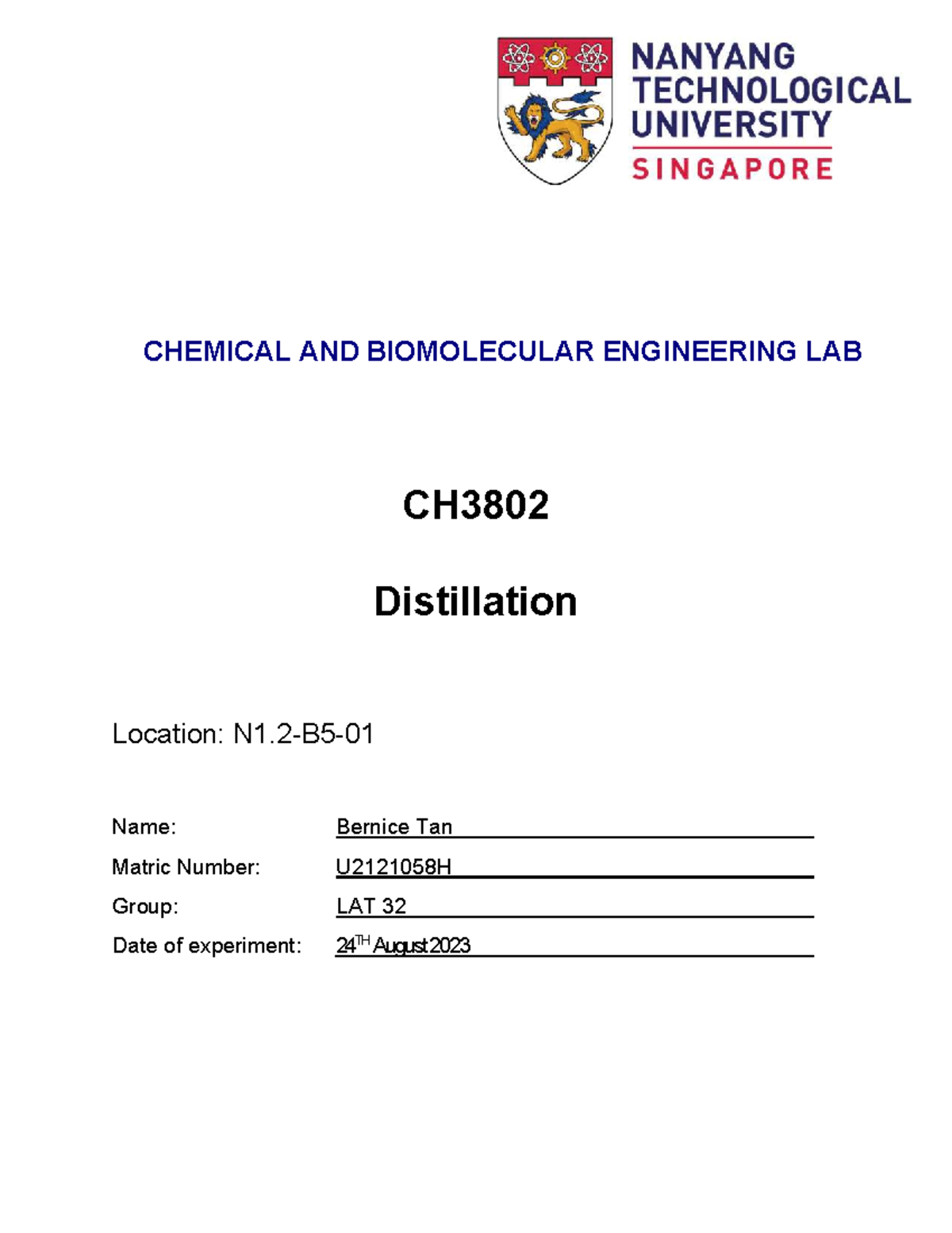 CH3802 Lab Report: Distillation Experiments by Bernice Tan - Studocu