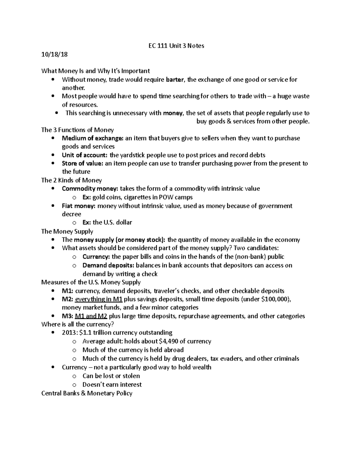 EC 111 Unit 3 Notes: Understanding Money and Monetary Policy - Studocu