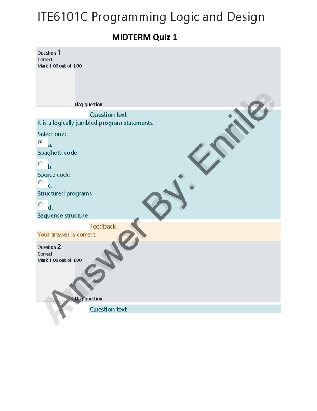 Midterm Quiz 1 & 2: ITE6101C Programming Logic and Design - Studocu