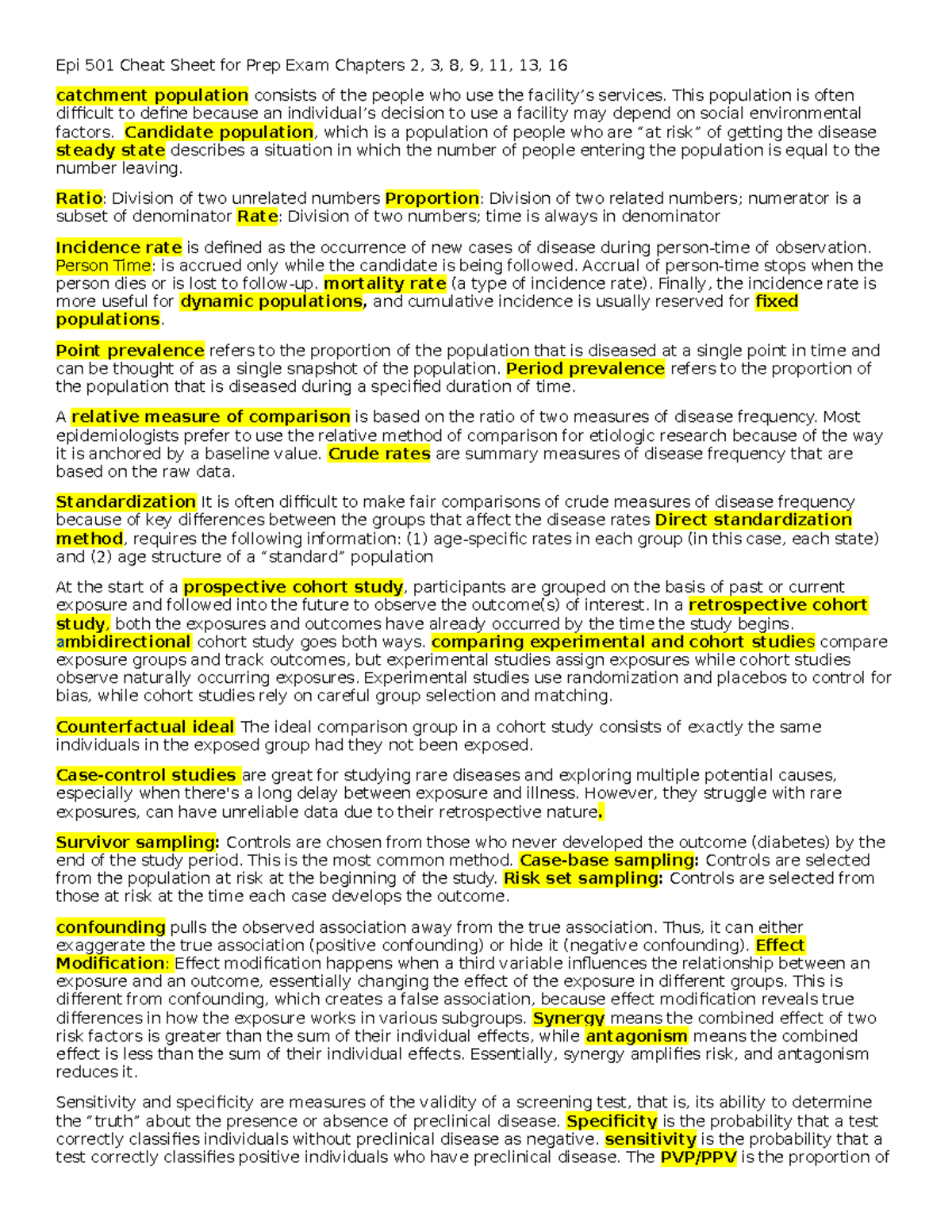 Epi 501 Cheat Sheet for Prep Exam (concepts only) - Epi 501 Cheat Sheet ...