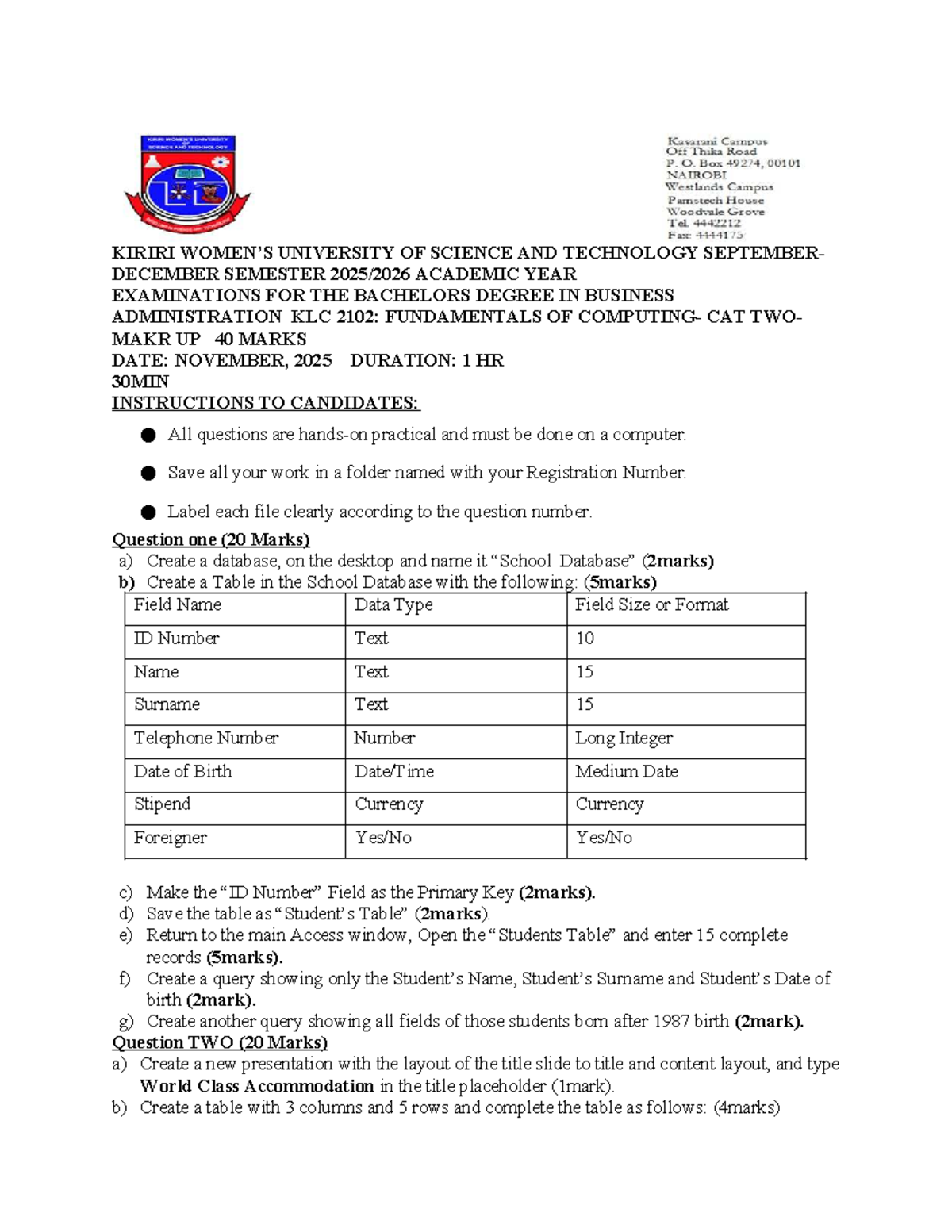 KLC 2102 Final Exam: Fundamentals of Computing - CAT Two-Makr Up - Studocu