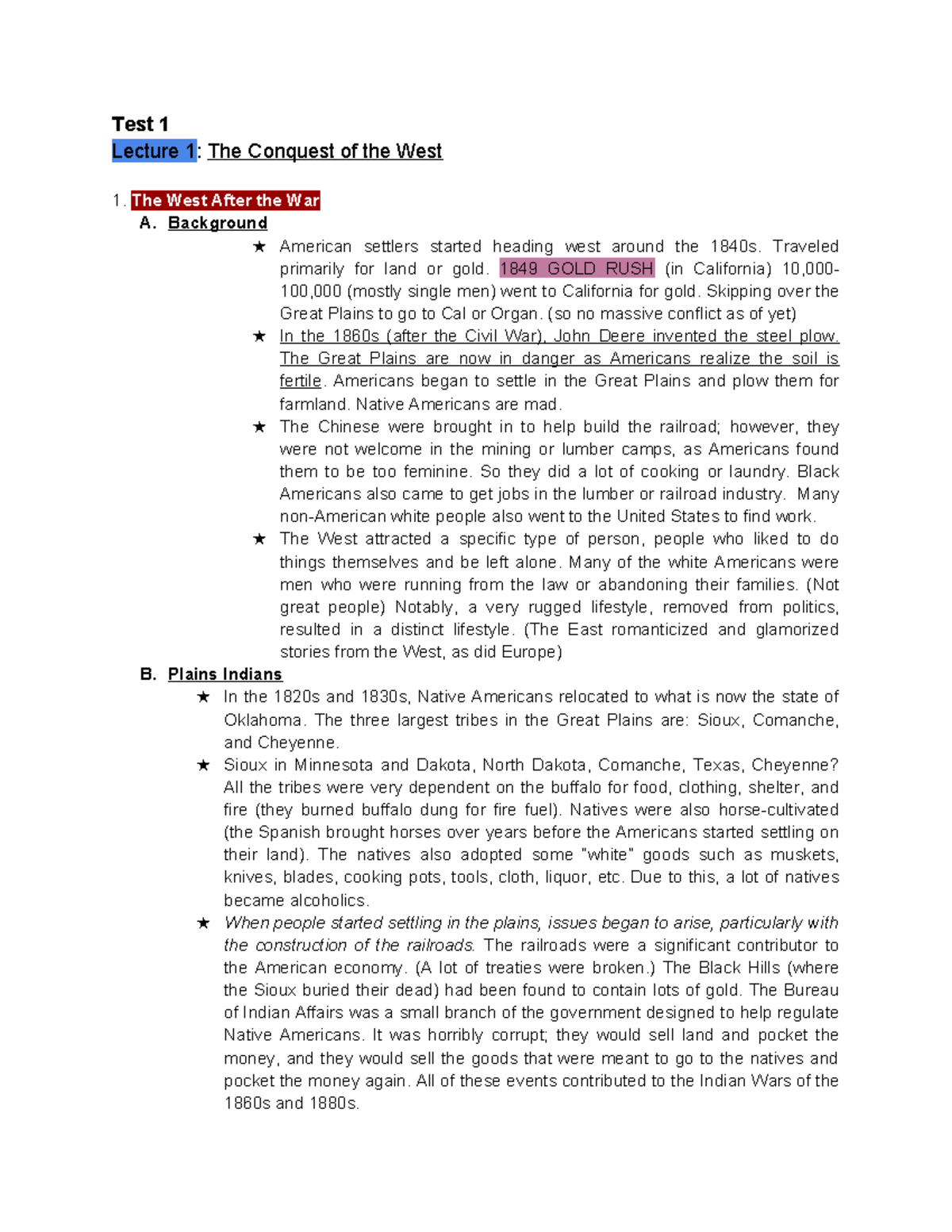 Lecture Notes: The West After the Civil War and Its Impacts (HIST 101 ...