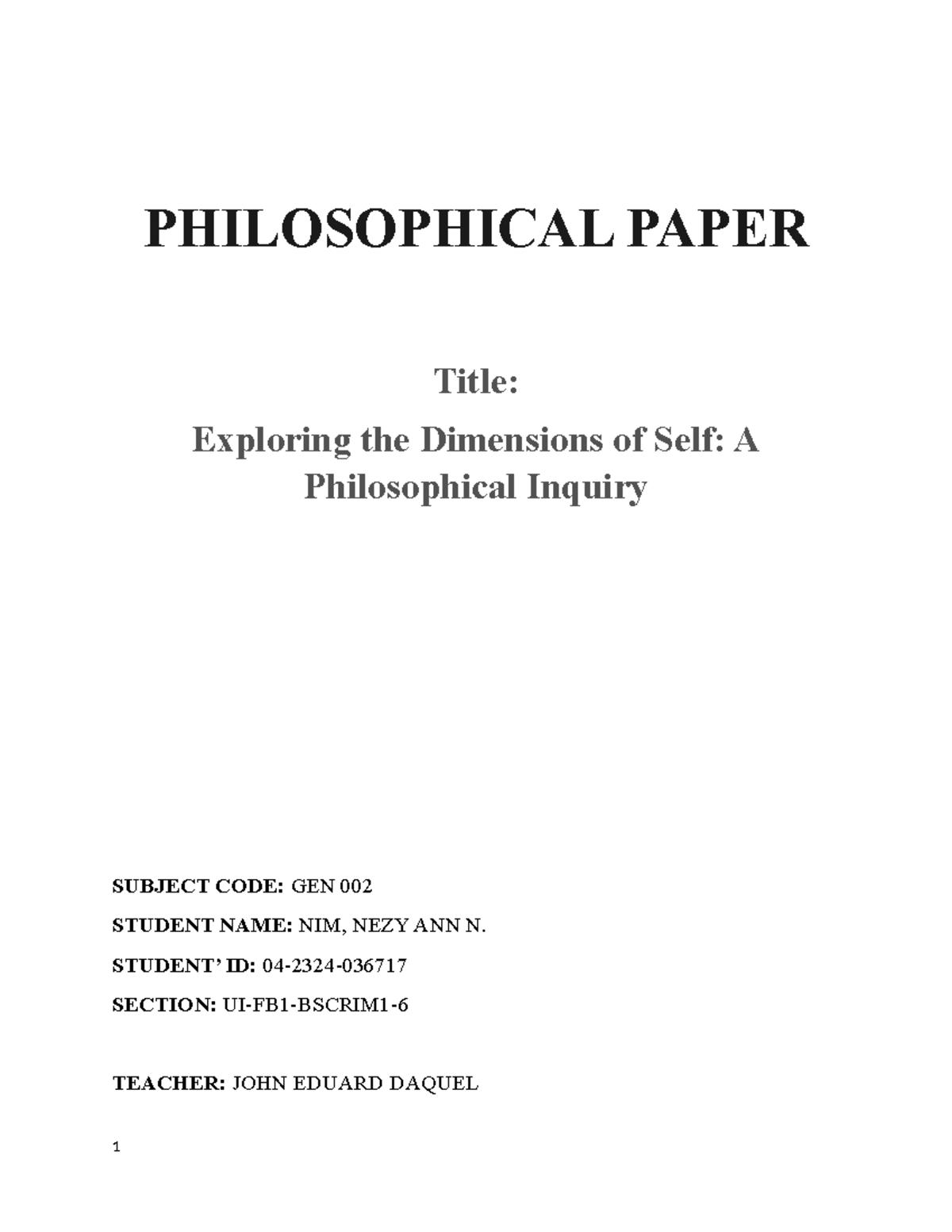 GEN 002: Exploring the Dimensions of Self in Philosophy - Studocu