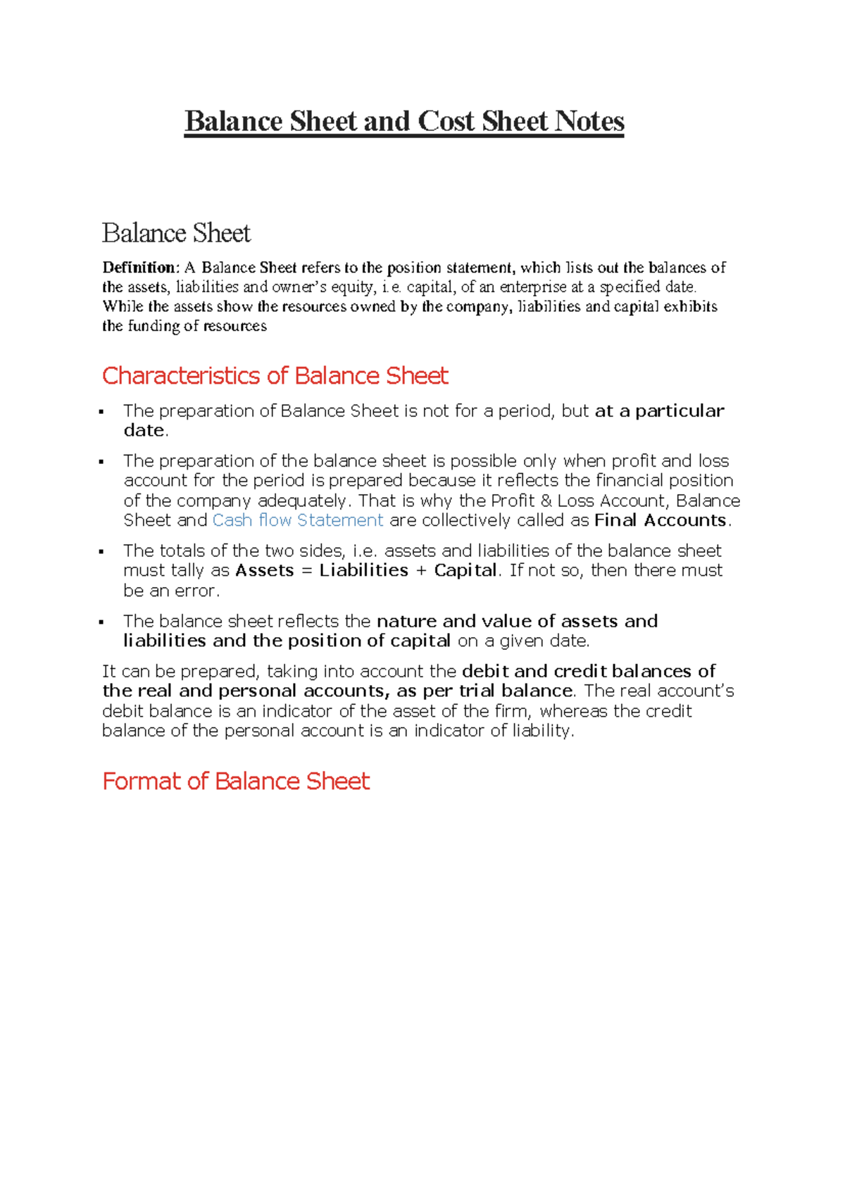 Balance Sheet and Cost Sheet Notes - Balance Sheet and Cost Sheet Notes ...