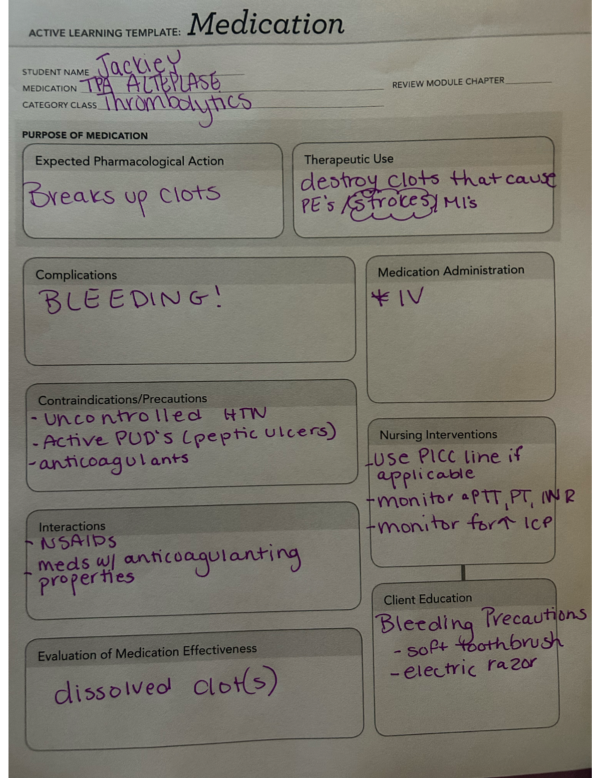 Alteplase med temp - ACTIVE LEARNING TEMPLATE: Medication STUDENT NAME ...